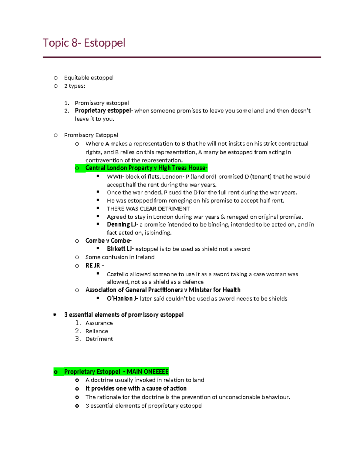 Topic 8 Estoppel - Summary land law - Topic 8- Estoppel o Equitable ...
