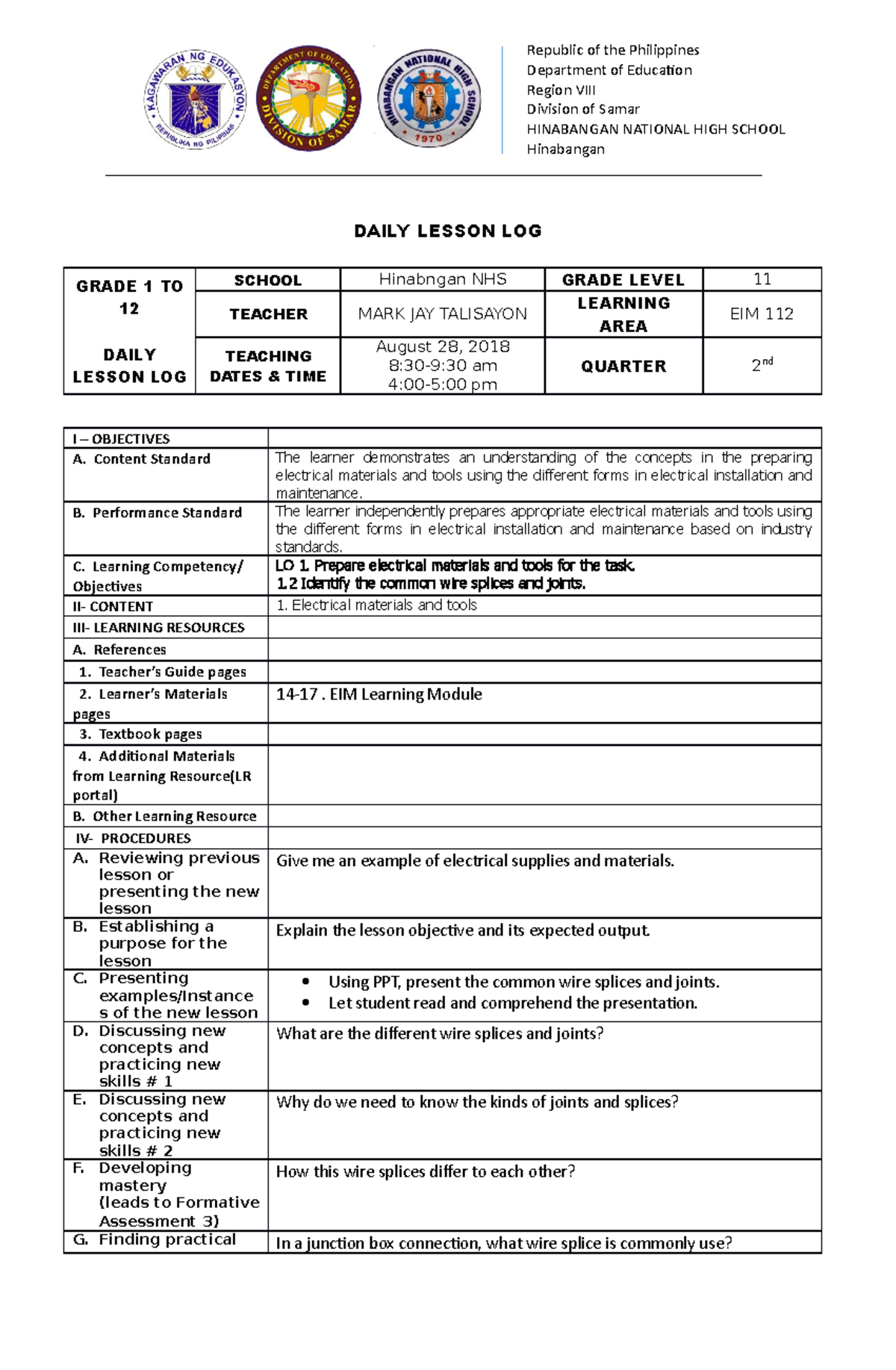 8 - daily lesson log - Republic of the Philippines Department of ...