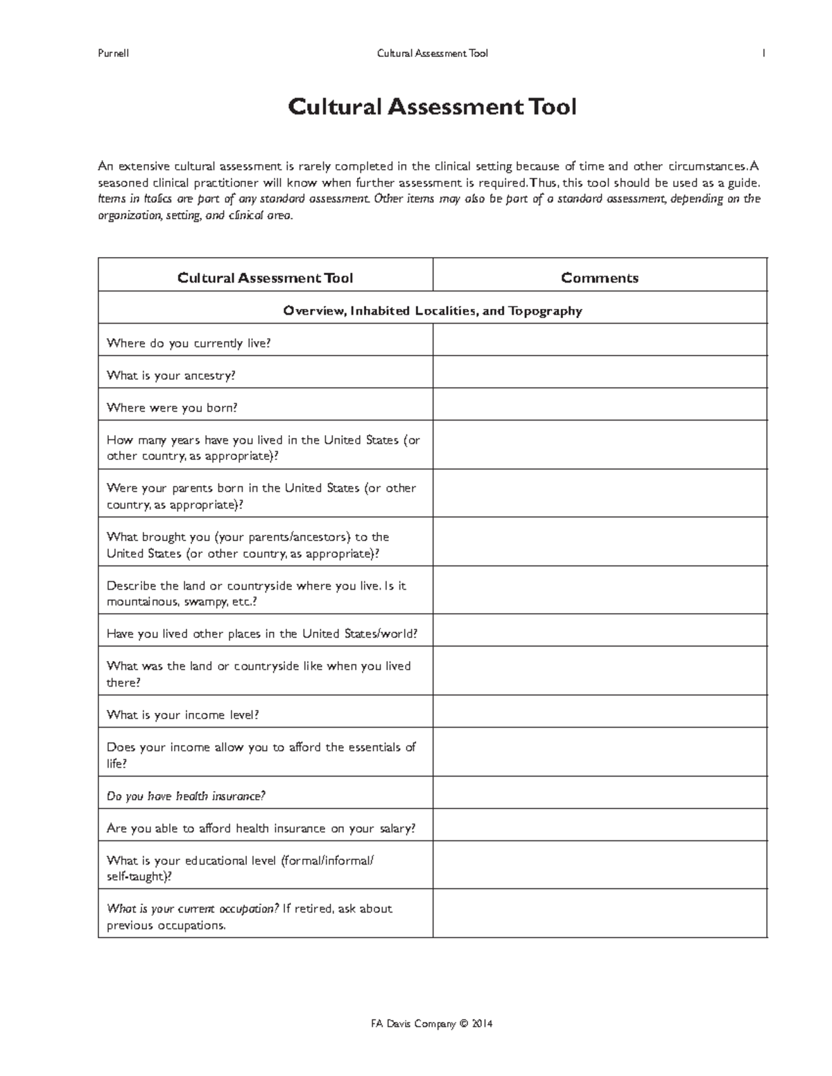 Cultural Assessment tool - An extensive cultural assessment is rarely ...