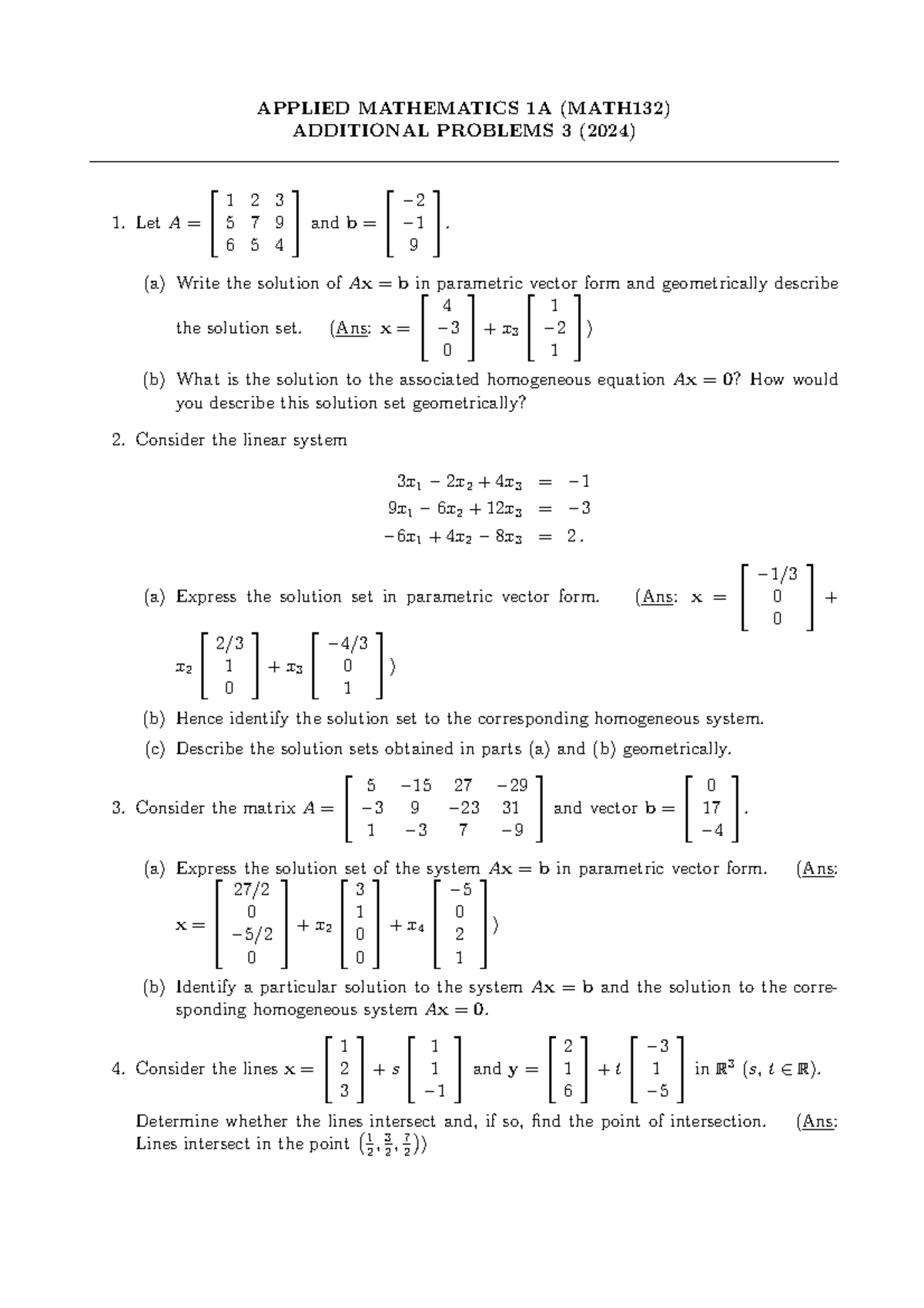 Additional Tutorial Problems 3 (2024) - APPLIED MATHEMATICS 1A (MATH132) ADDITIONAL PROBLEMS 3 ...