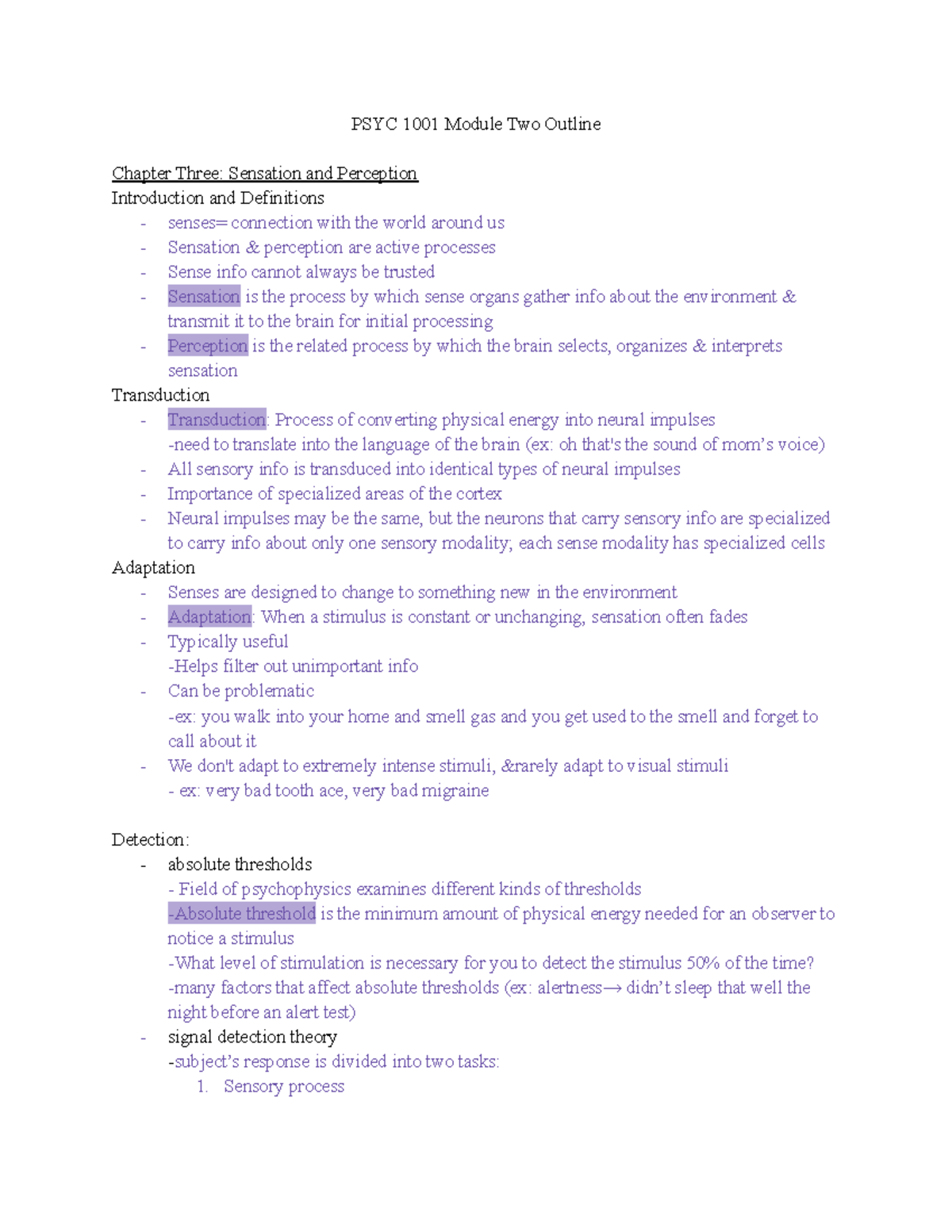 PSYC 1001 Module Two Outline - PSYC 1001 Module Two Outline Chapter Three: Sensation and ...