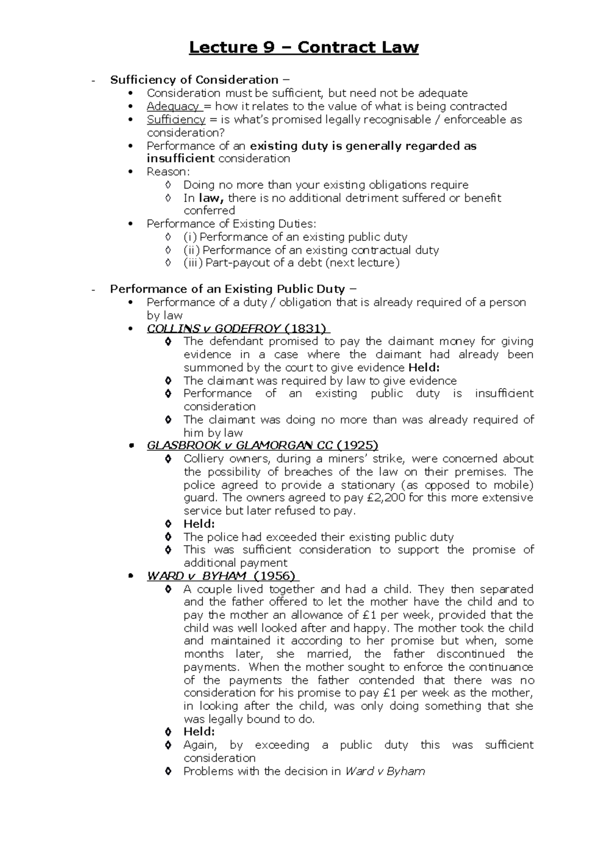 Lecture 9 - Sufficiency of Consideration - Lecture 9 – Contract Law - Sufficiency of ...