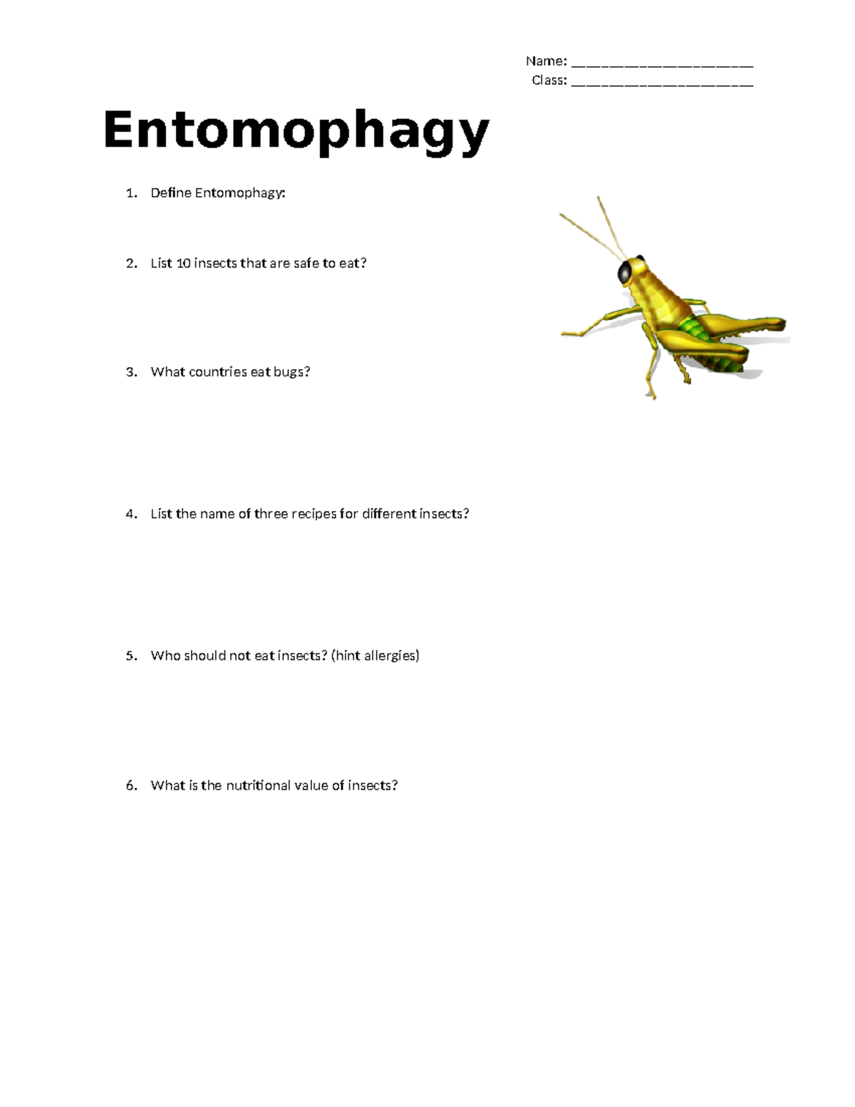 Entomophagy - answers - Name: ________________________ Class ...