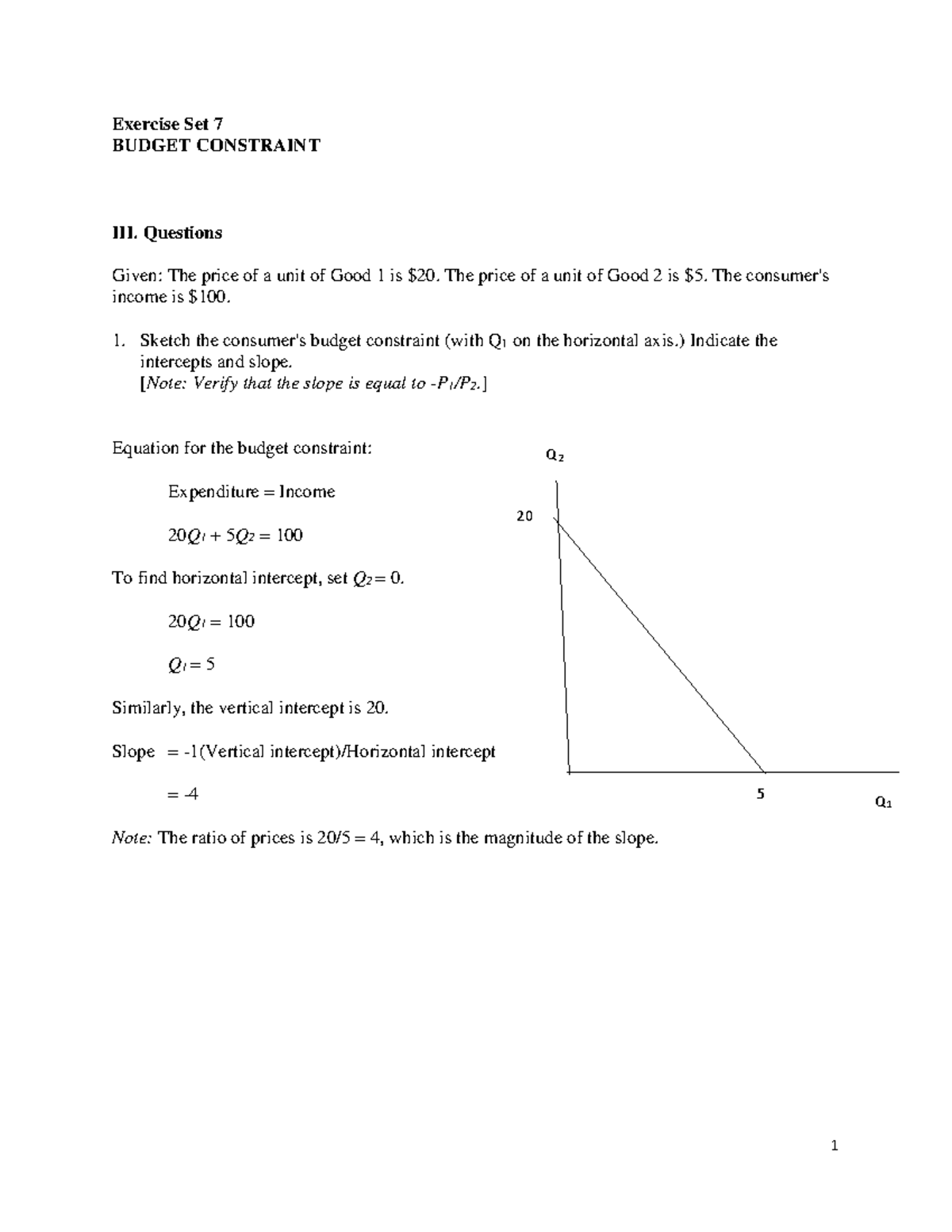 1 Budget Constraint Exercise 1 Exercise Set 7 Budget Constraint Iii Questions Given The