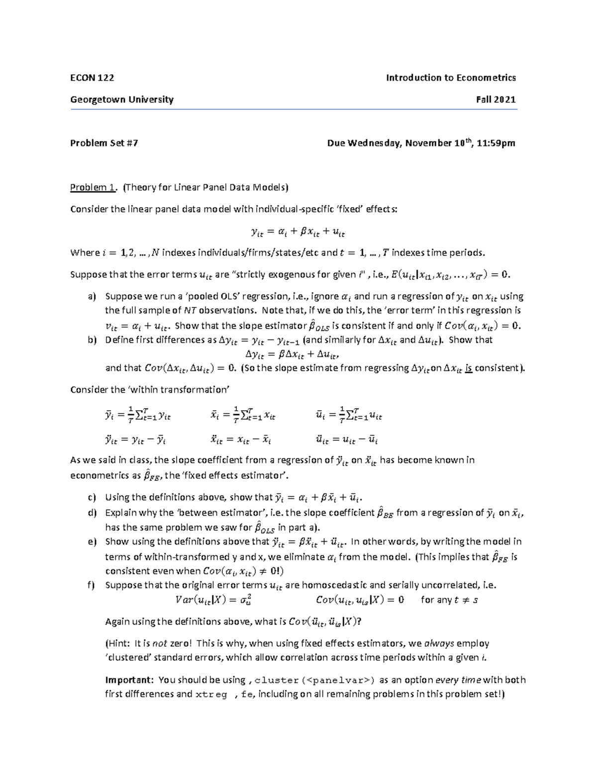 Homework 7 Fall semester - ECON 122 Introduction to Econometrics Georgetown University Fall 2021 ...
