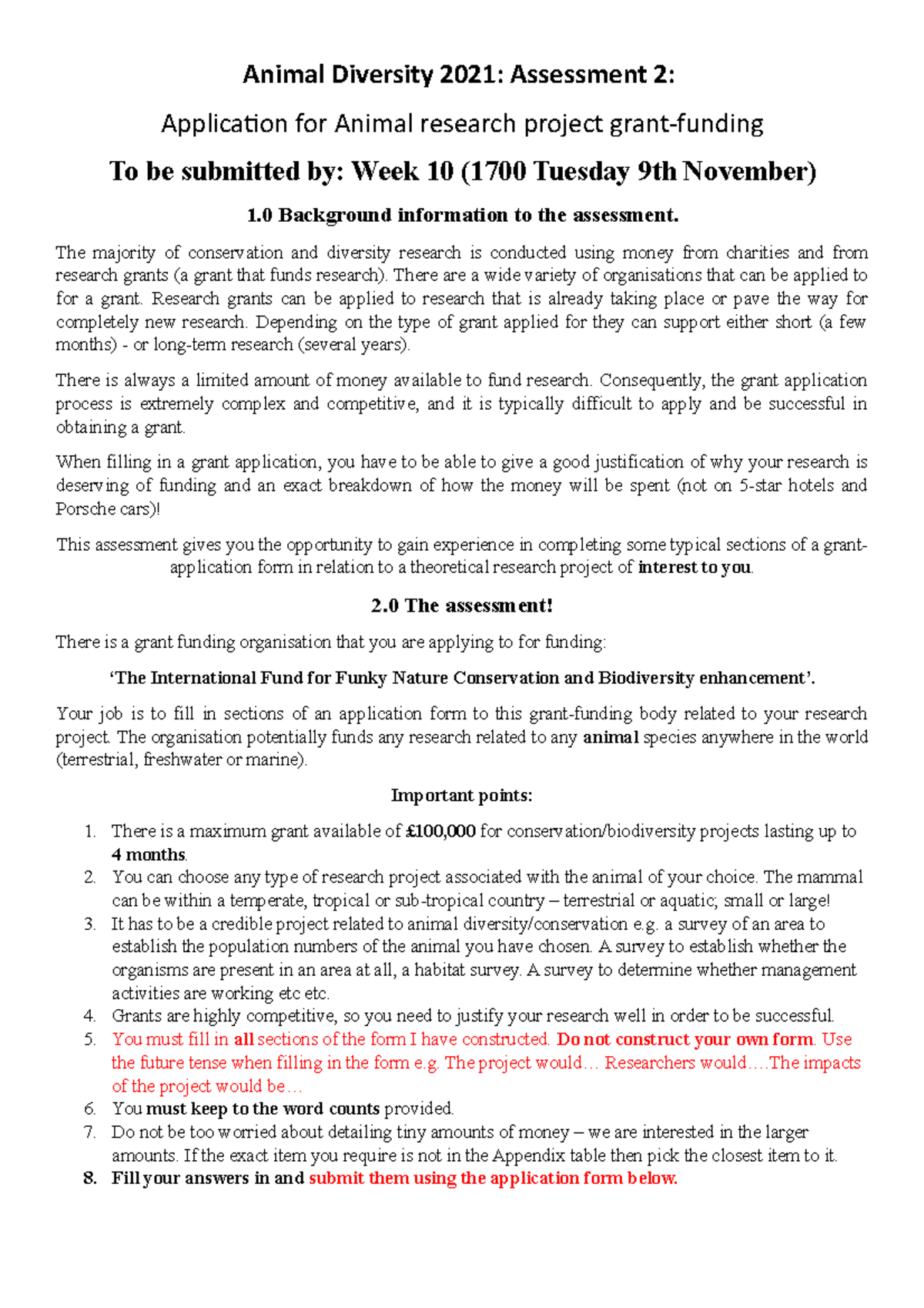 Final Assessment 2 Research grant application T1 2021 Animal Diversity ...