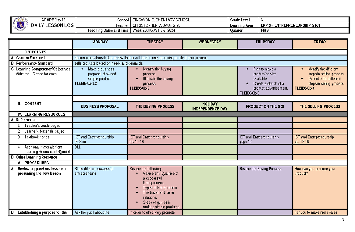 DLL TLE-ICT WEEK 2 - DAILY LESSON PLAN FOR ICT 6 - GRADE 1 to 12 DAILY LESSON LOG School ...