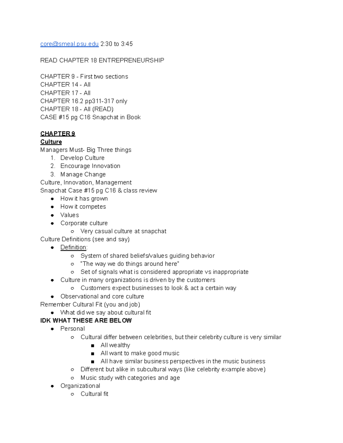 MGMT Final - RON JON - core@smeal.psu 2:30 to 3: READ CHAPTER 18 ...