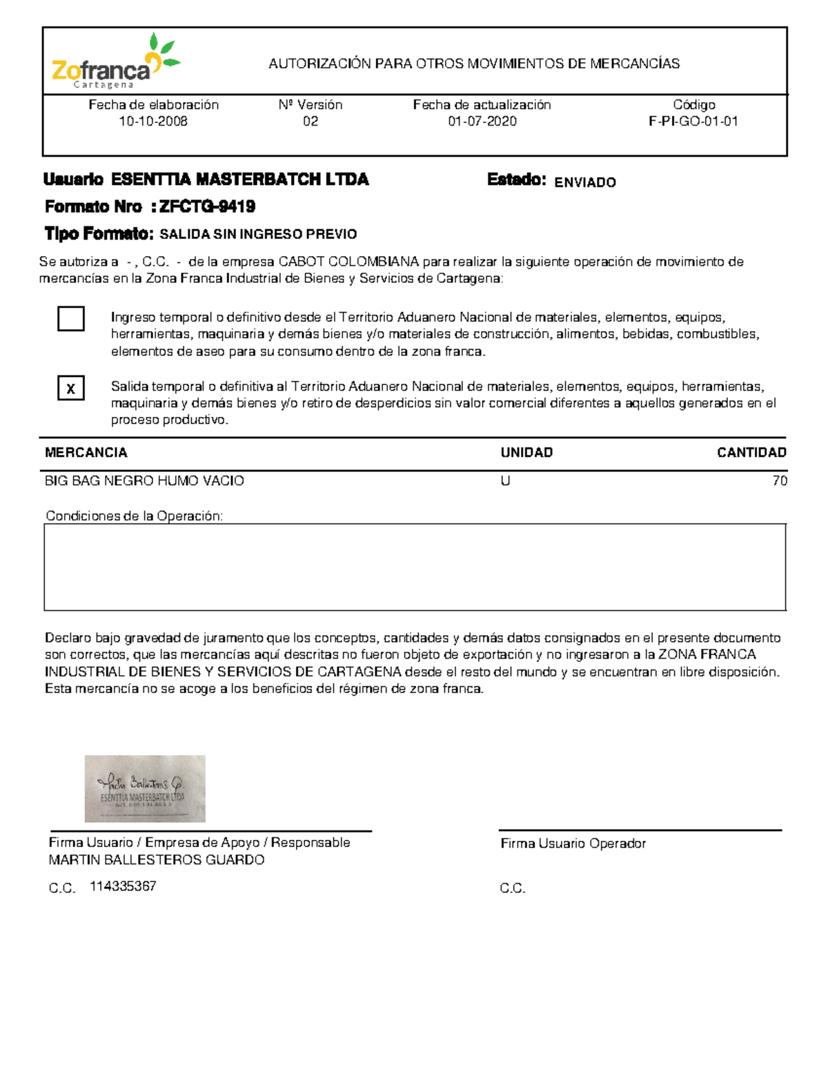 Zfctg-9419 - LLLL - Formato Nro :ZFCTG- Usuario ESENTTIA MASTERBATCH ...