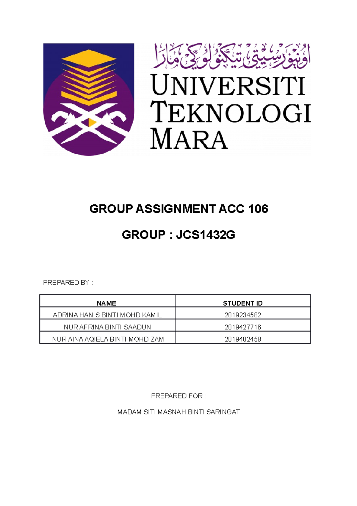 Group Assignment ACC 106 - GROUP ASSIGNMENT ACC 106 GROUP : JCS1432G ...