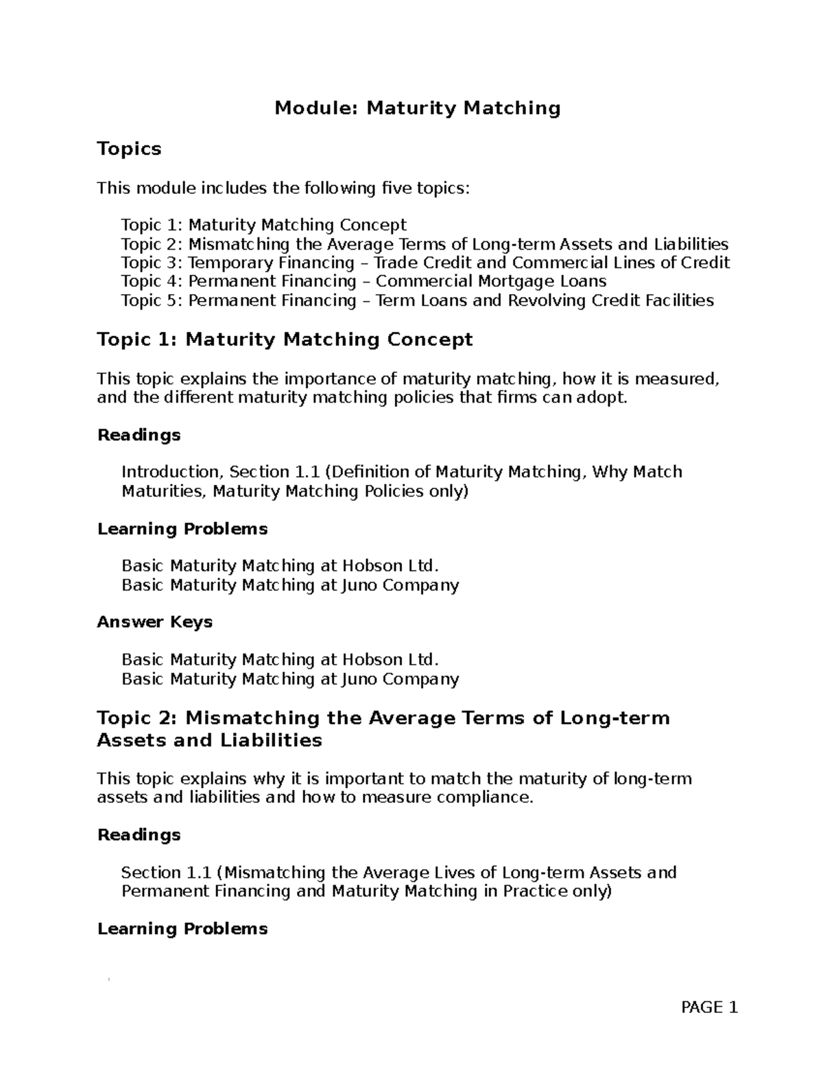Work Schedule - Maturity Matching - Module: Maturity Matching Topics ...