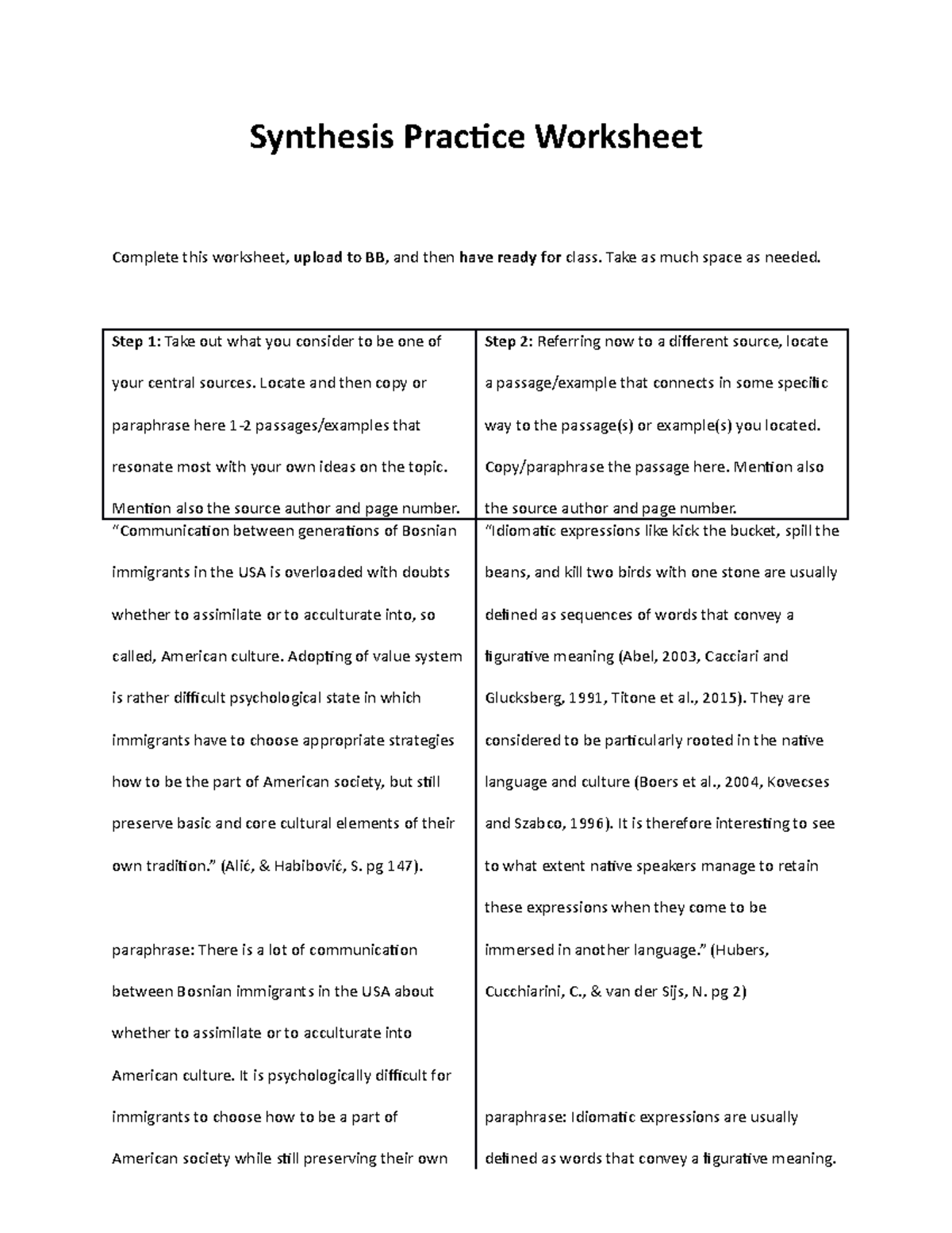 Synthesis-Practice-Worksheet, Freshman Composition ENGL 11000 B2[10555 ...