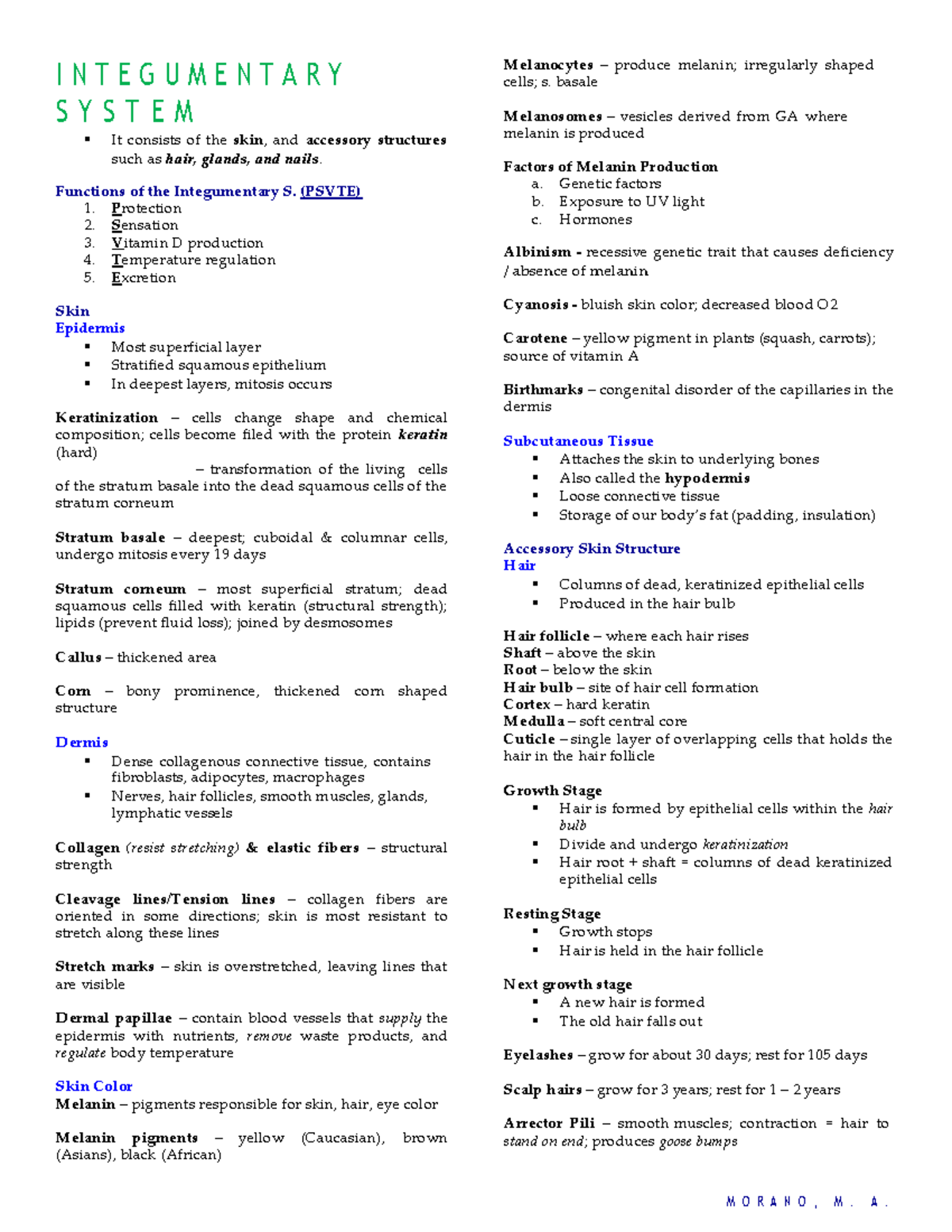 Integumentary System - Nursing Note - M O R A N O , M. A. I N T E G U M ...