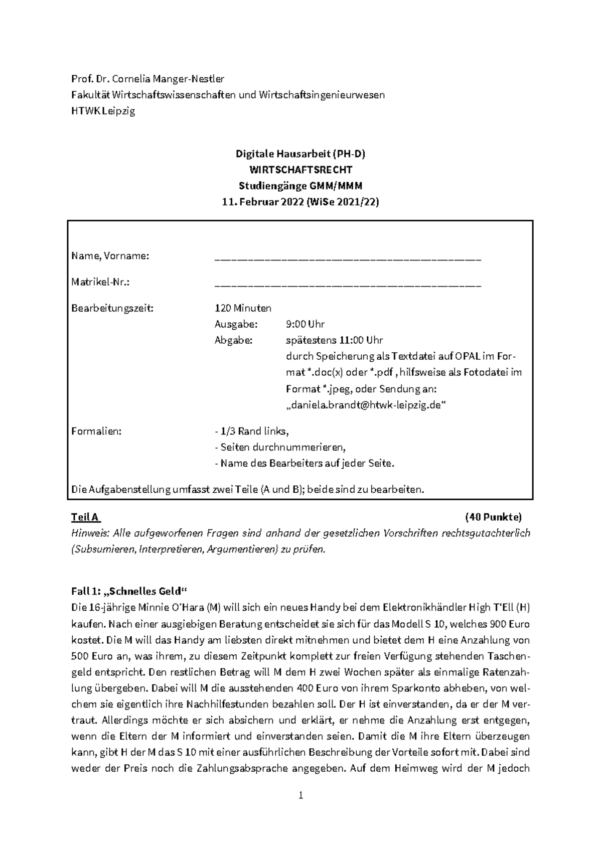 WR Klausur 2022 - 1 Prof. Dr. Cornelia Manger-Nestler Fakult‰t Wirtschaftswissenschaften und ...