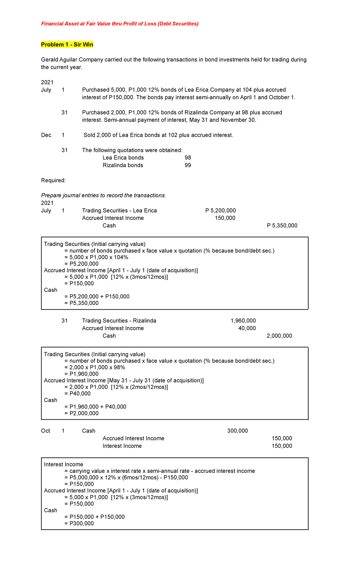 Financial Asset FVPL Activities - Financial Asset at Fair Value thru ...