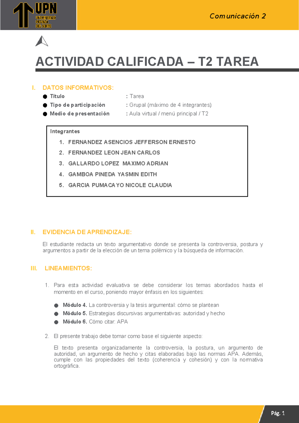 Examen T2 Comu - Exámen T2 Comunicación - ACTIVIDAD CALIFICADA – T2 TAREA I. DATOS INFORMATIVOS ...