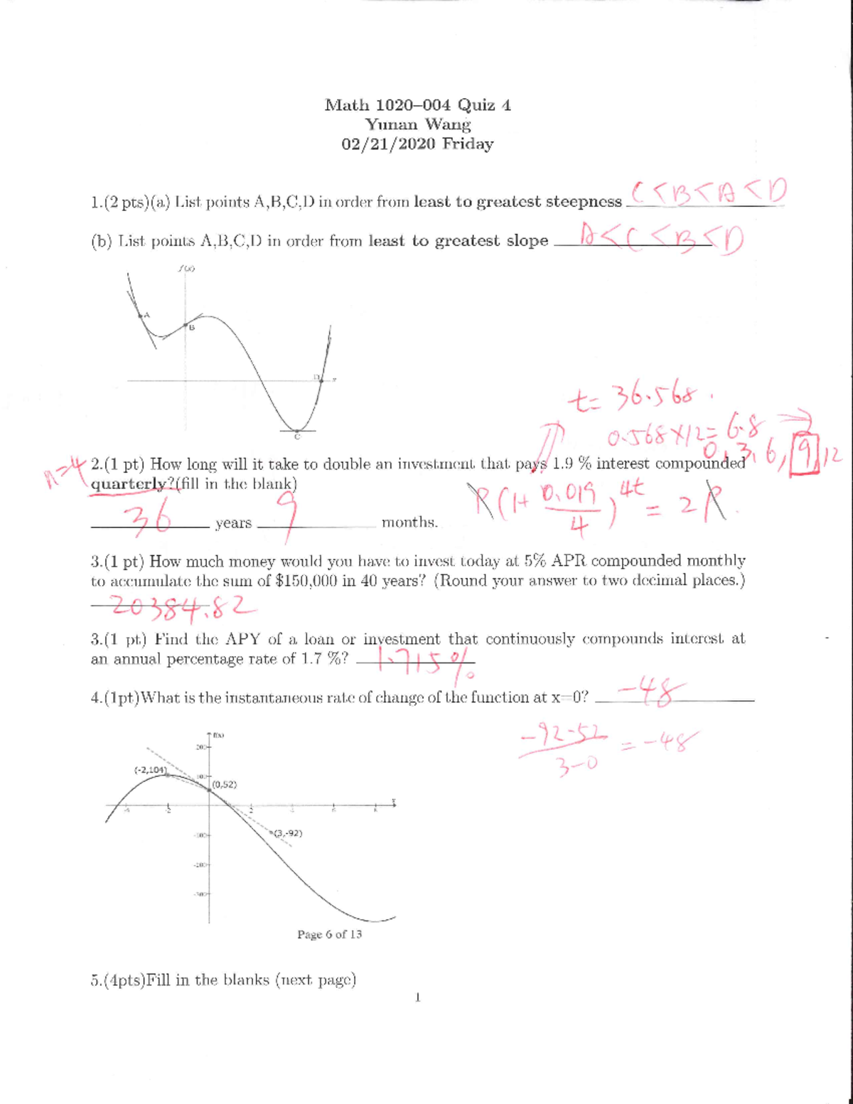 Quiz 4 key - Quiz 4 key - MATH1020 - Studocu