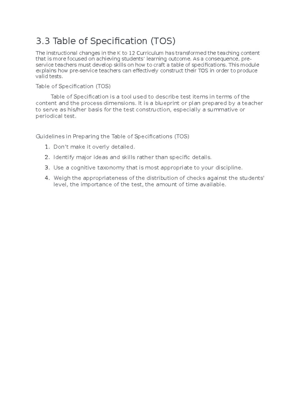 Guidelines IN Making TOS - 3 Table of Specification (TOS) The ...
