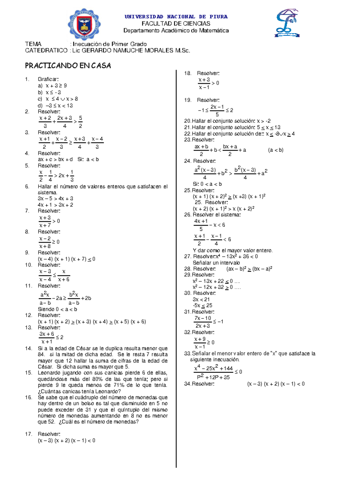Separata 05 - Inecuaciones de primer grado para practicar en casa. - UNIVERSIDAD NACIONAL DE ...