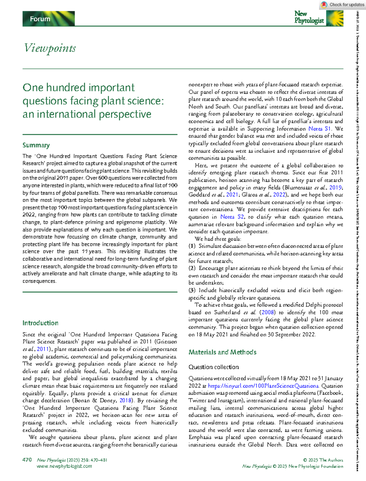 One hundred important questions facing plant science - Viewpoints One ...