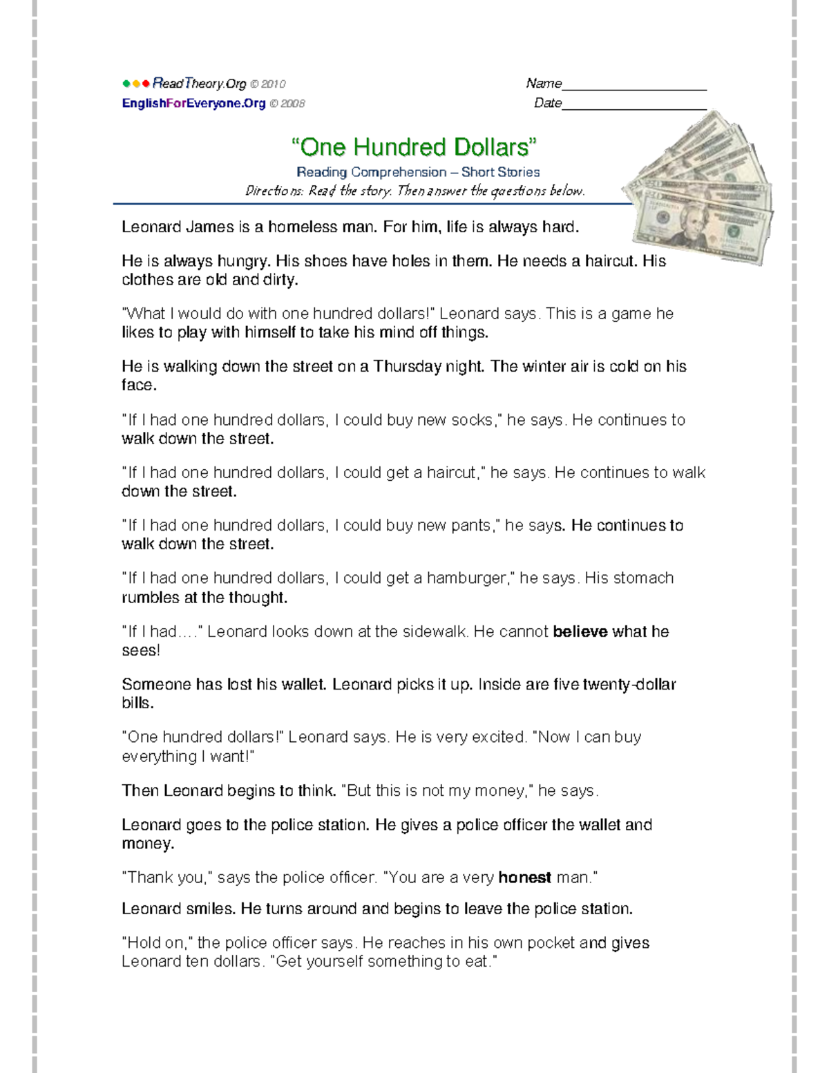 One Hundred Dollars - it can help to your reading comprehension ...