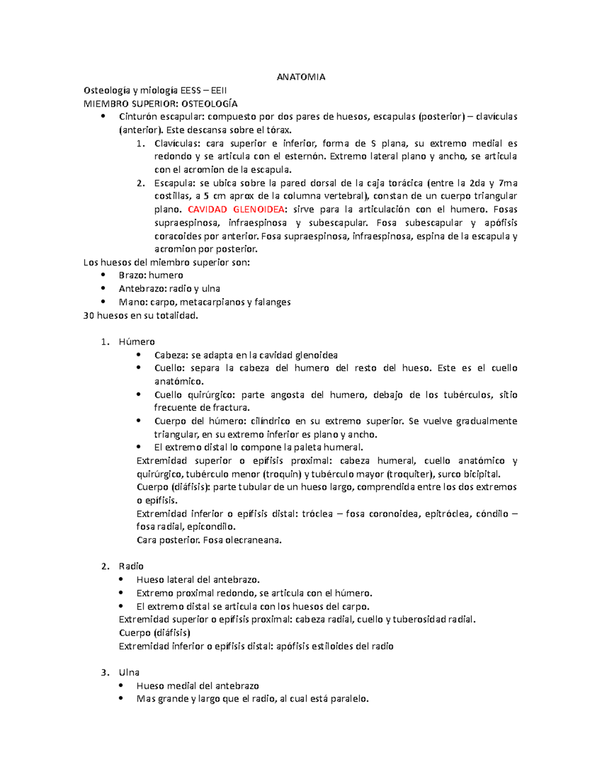 Anatomia - resumen - ANATOMIA Osteología y miología EESS – EEII MIEMBRO SUPERIOR: OSTEOLOGÍA ...