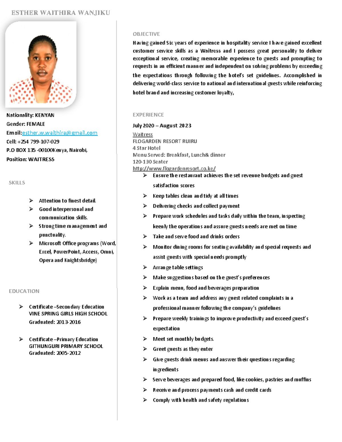 Esther Waithira Wanjiku USA CV-2 - OBJECTIVE Having gained Six years of ...