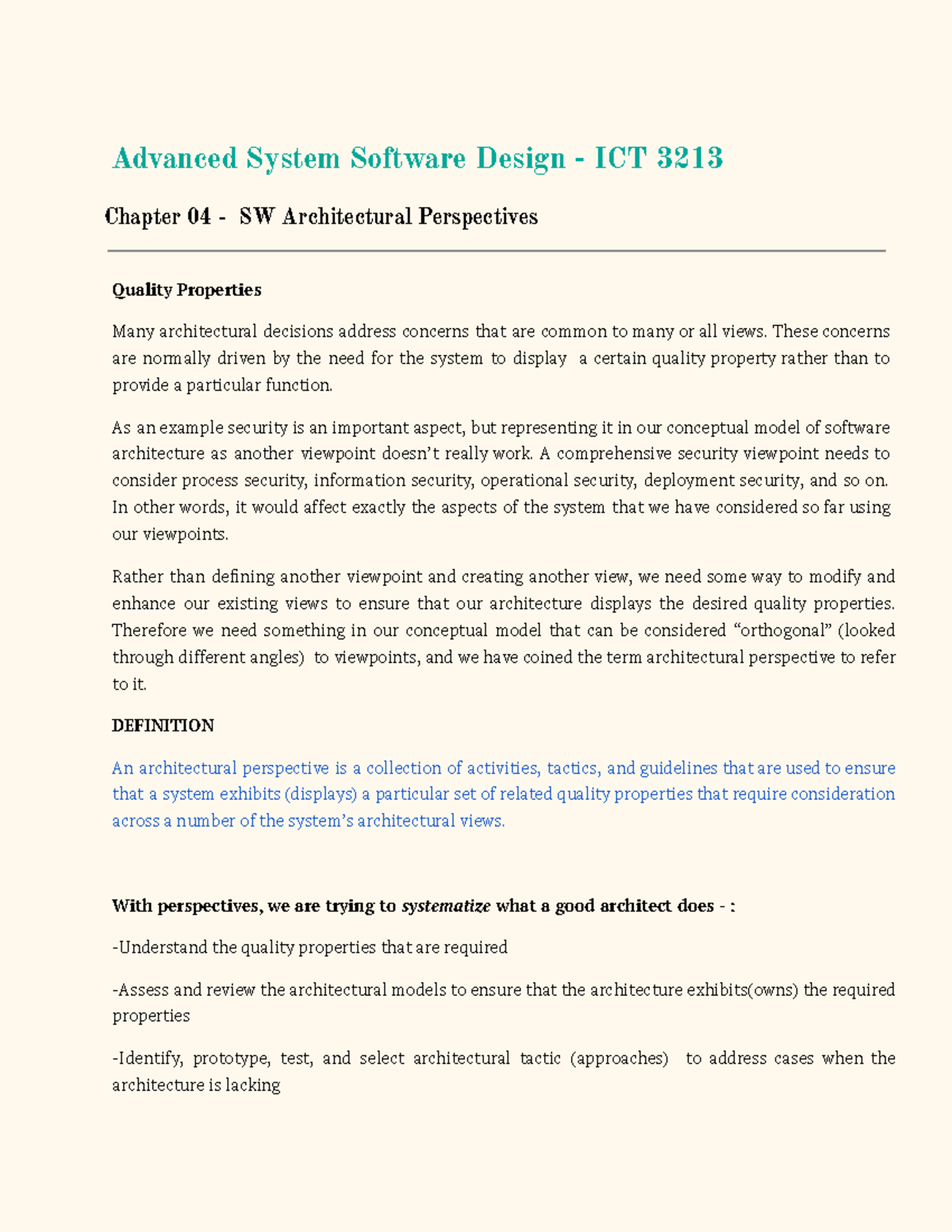 Lesson 4 - ddsssss - Advanced System Software Design - ICT 3213 Chapter 04 - SW Architectural ...