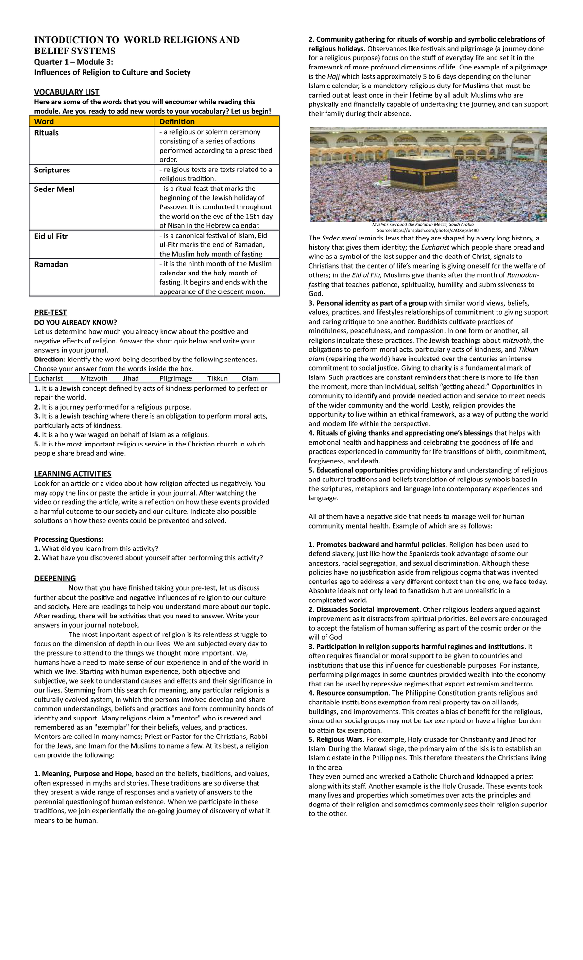 Intoduction TO World Religions AND Belief Systems Q1 M3 - INTODUCTION ...