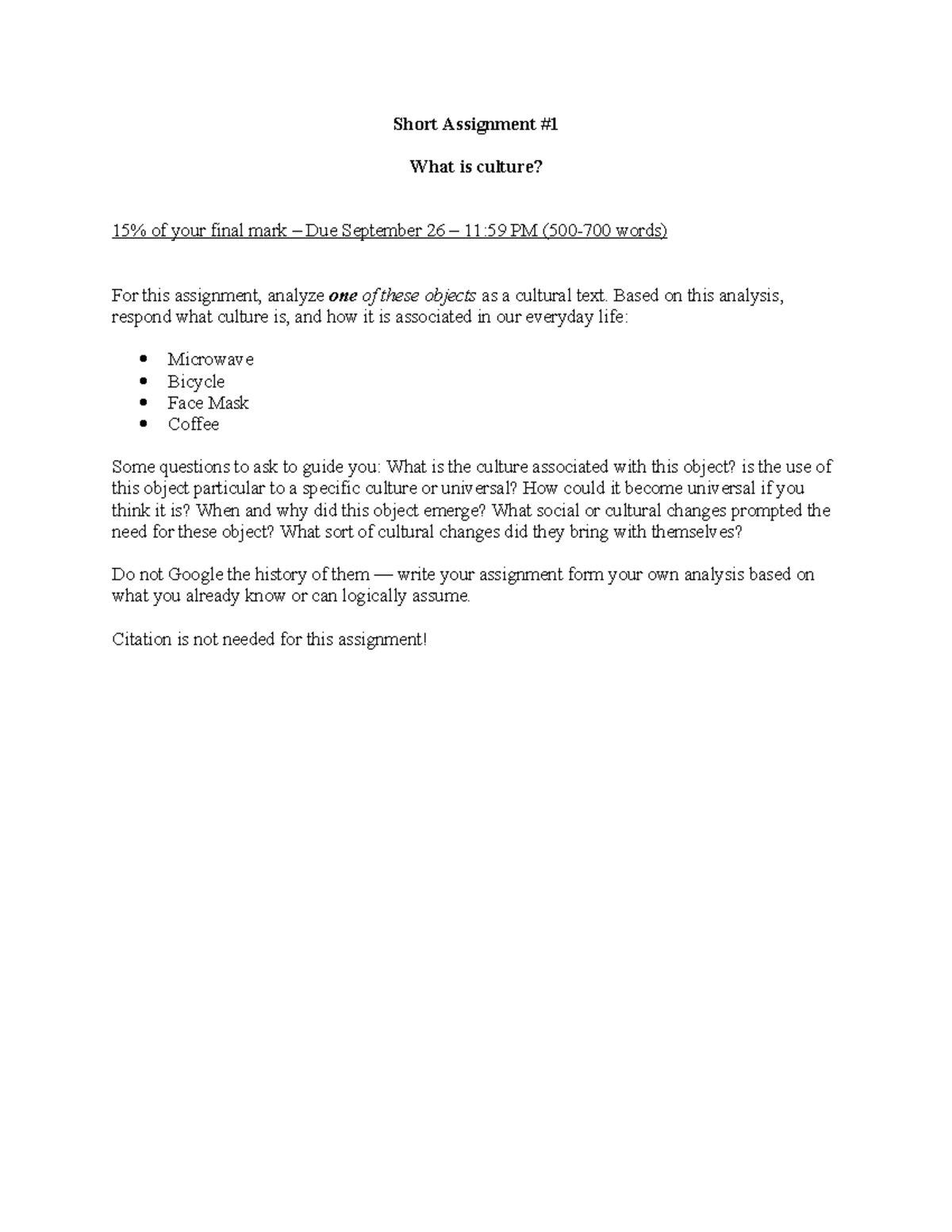 ANT1001.Short Assignment 1 - Short Assignment # What is culture? 15% of ...