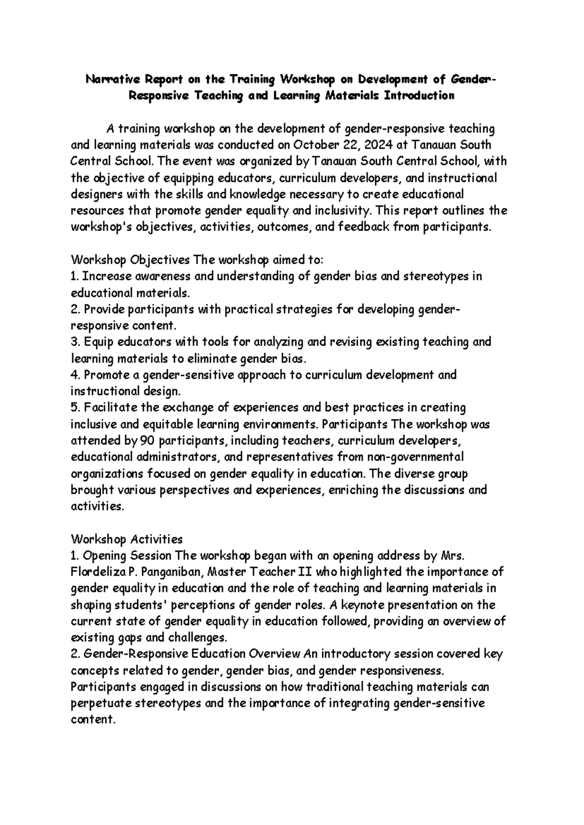 Narrative Report GAD - N/A - Narrative Report on the Training Workshop ...