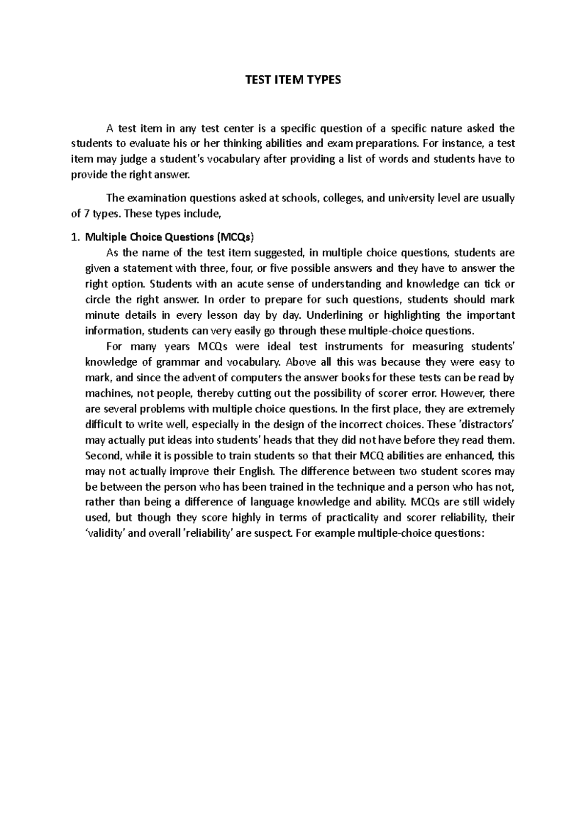 TEST ITEM Types - I hope its can help you - TEST ITEM TYPES A test item ...