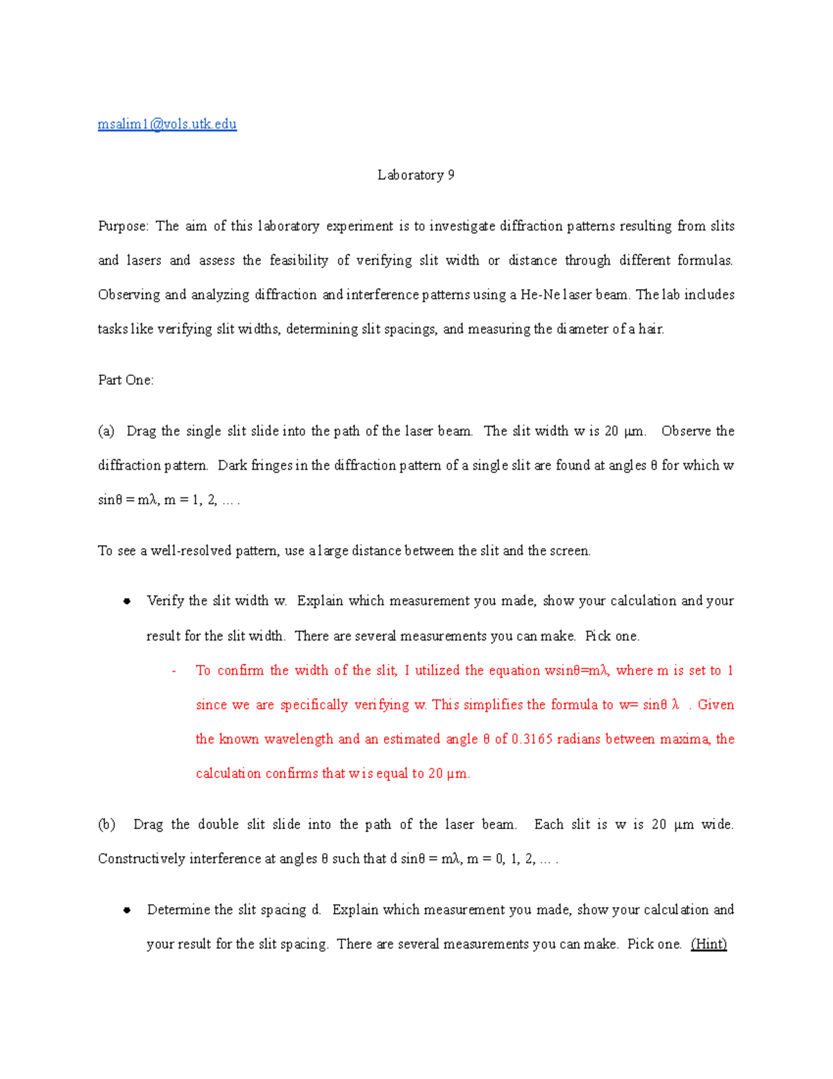 Phys-222- Lab 9 - Physics 222 Lab 9 - msalim1@vols.utk Laboratory 9 Purpose: The aim of this ...