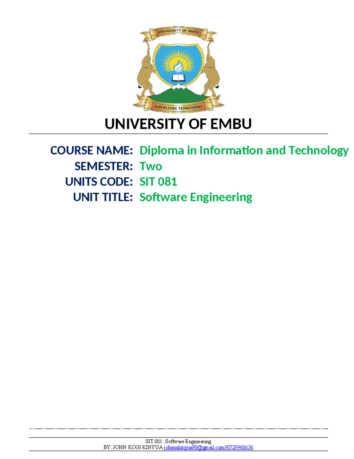 Topic 1 Introduction TO Software - UNIVERSITY OF EMBU COURSE NAME ...