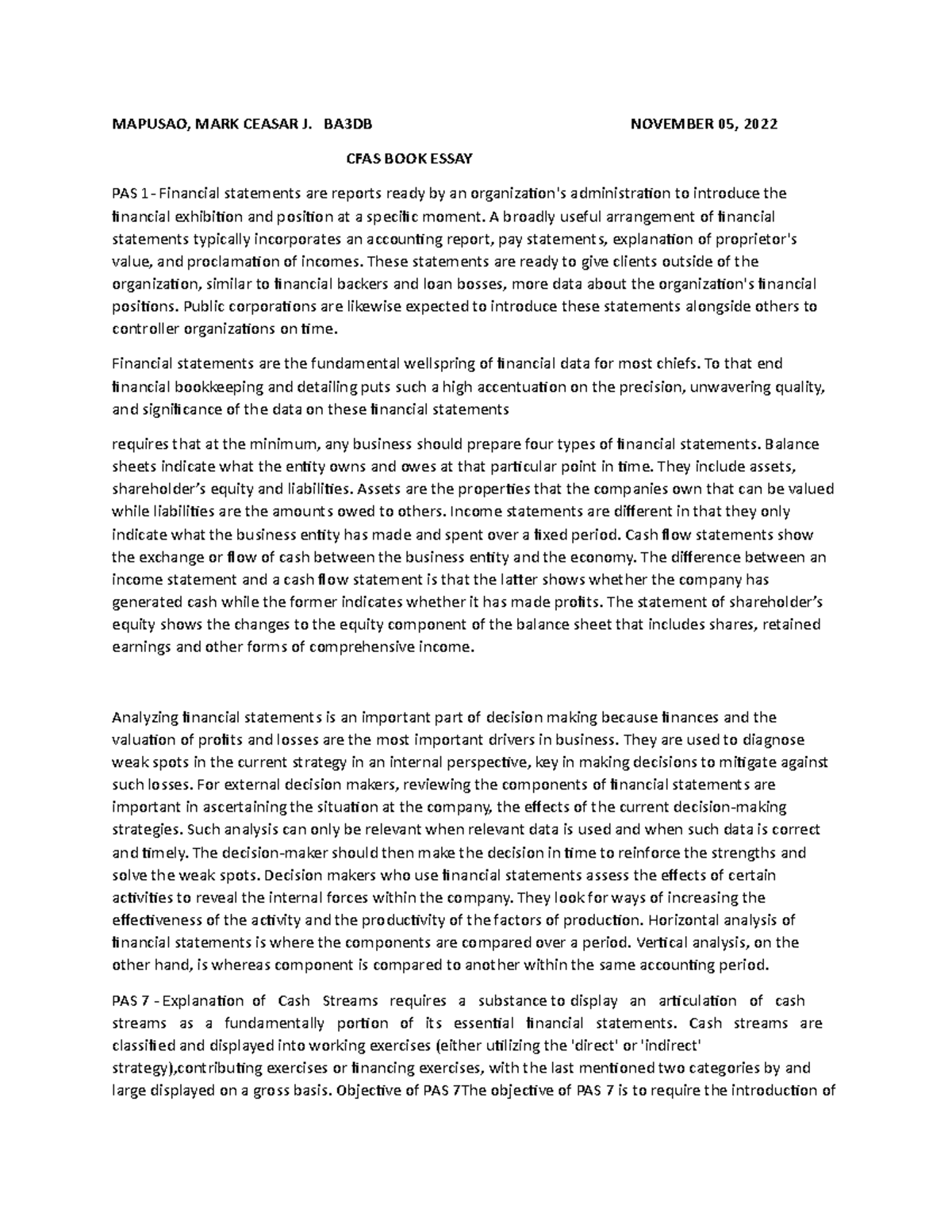 Essay BOOK CFAS - Summarize of cfas - C++ - MAPUSAO, MARK CEASAR J ...