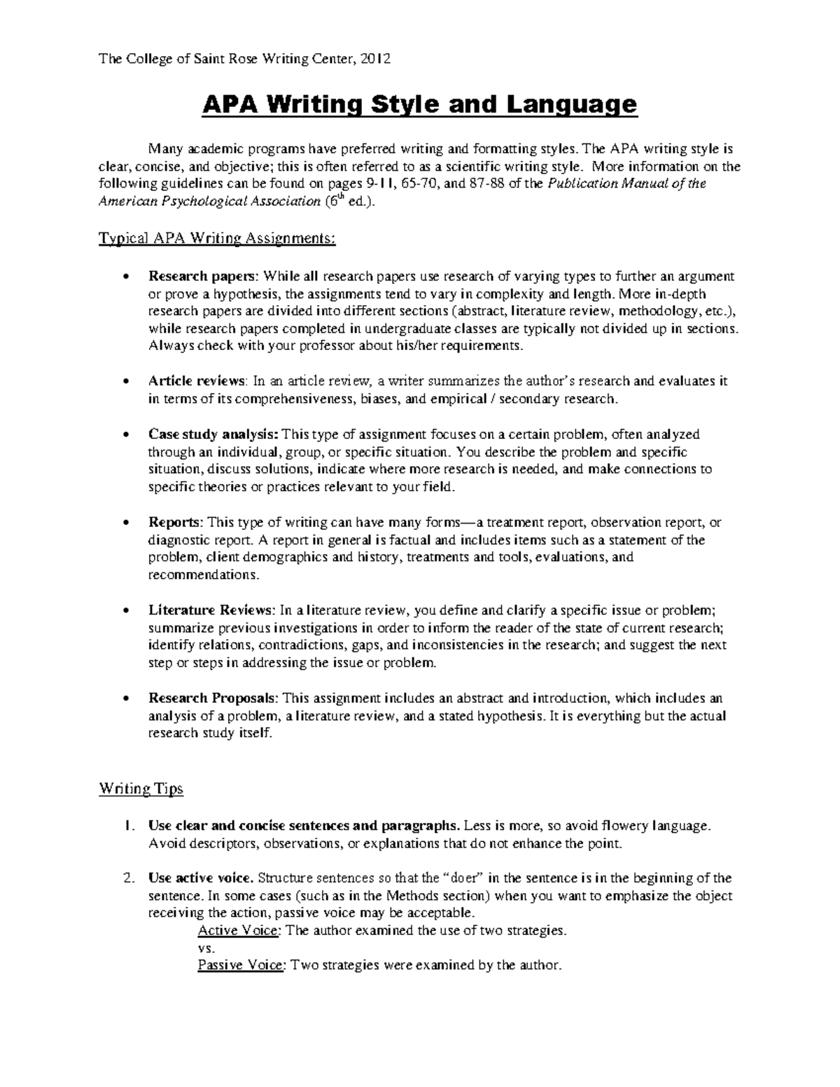 APA Writing Style 2 - The College of Saint Rose Writing Center, 2012 ...