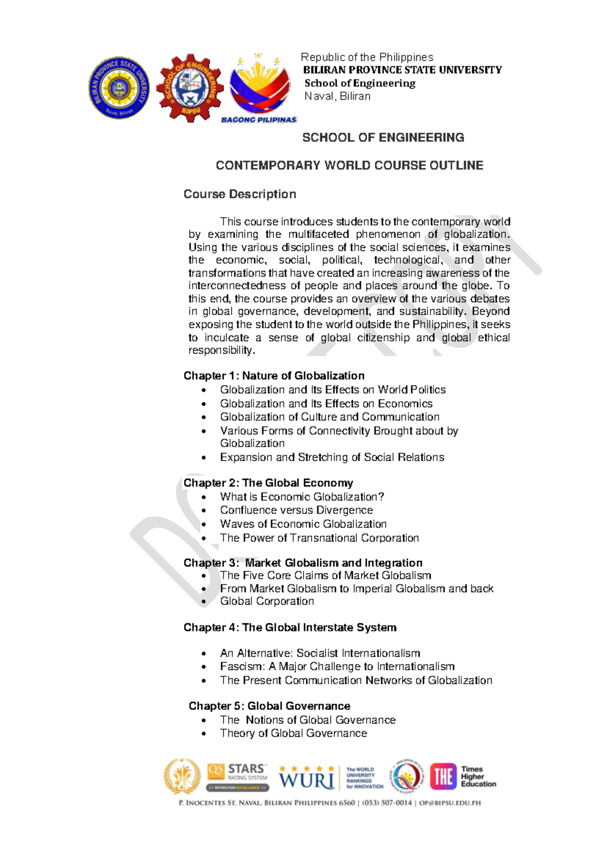 Course Outline GE CW revised - Republic of the Philippines BILIRAN ...