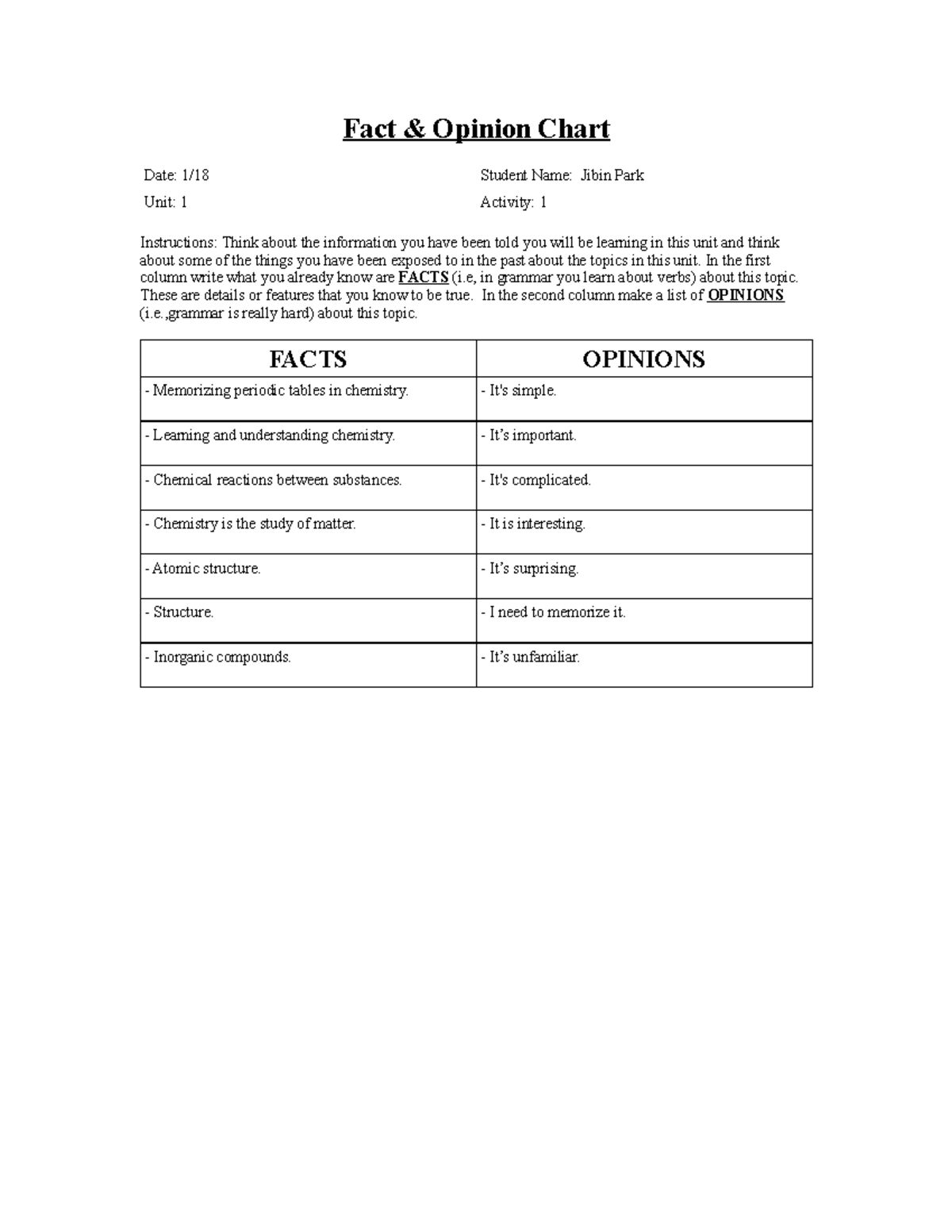 Fact Opinion Chart - Fact & Opinion Chart Date: 1/18 Student Name ...