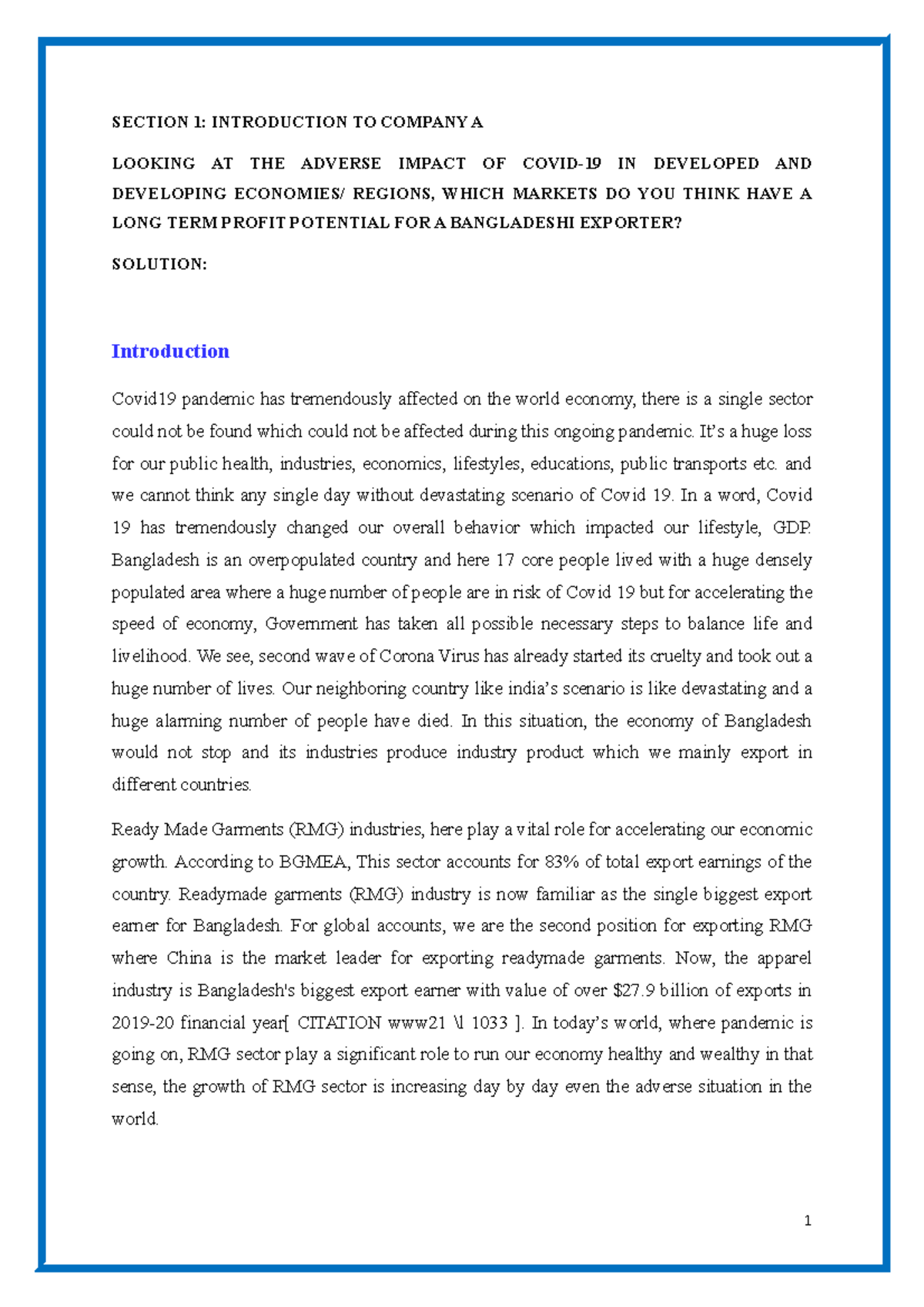 685 Group Report - Grade: B+ - SECTION 1: INTRODUCTION TO COMPANY A ...