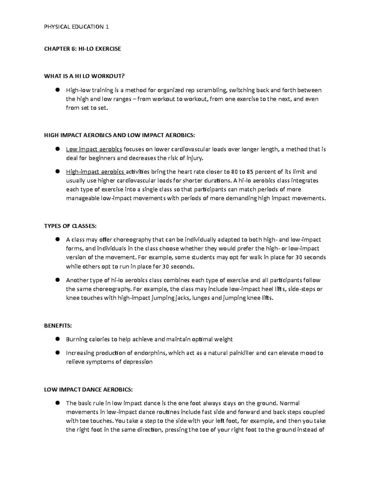 Chapter 6 - HI-LO Workout - PHYSICAL EDUCATION 1 CHAPTER 6: HI-LO ...