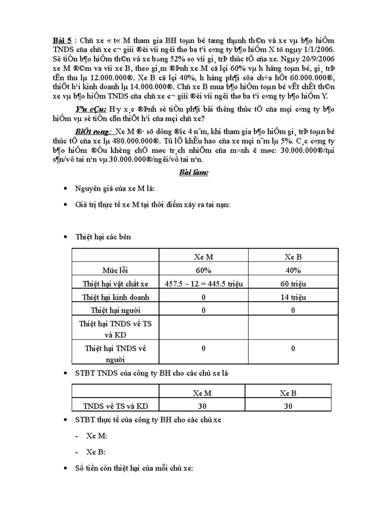 Bai-tap-BHTM-Co-Giai - Bài 5 : Chñ xe « t« M tham gia BH toμn bé tæng thμnh th©n vá xe vμ b¶o ...