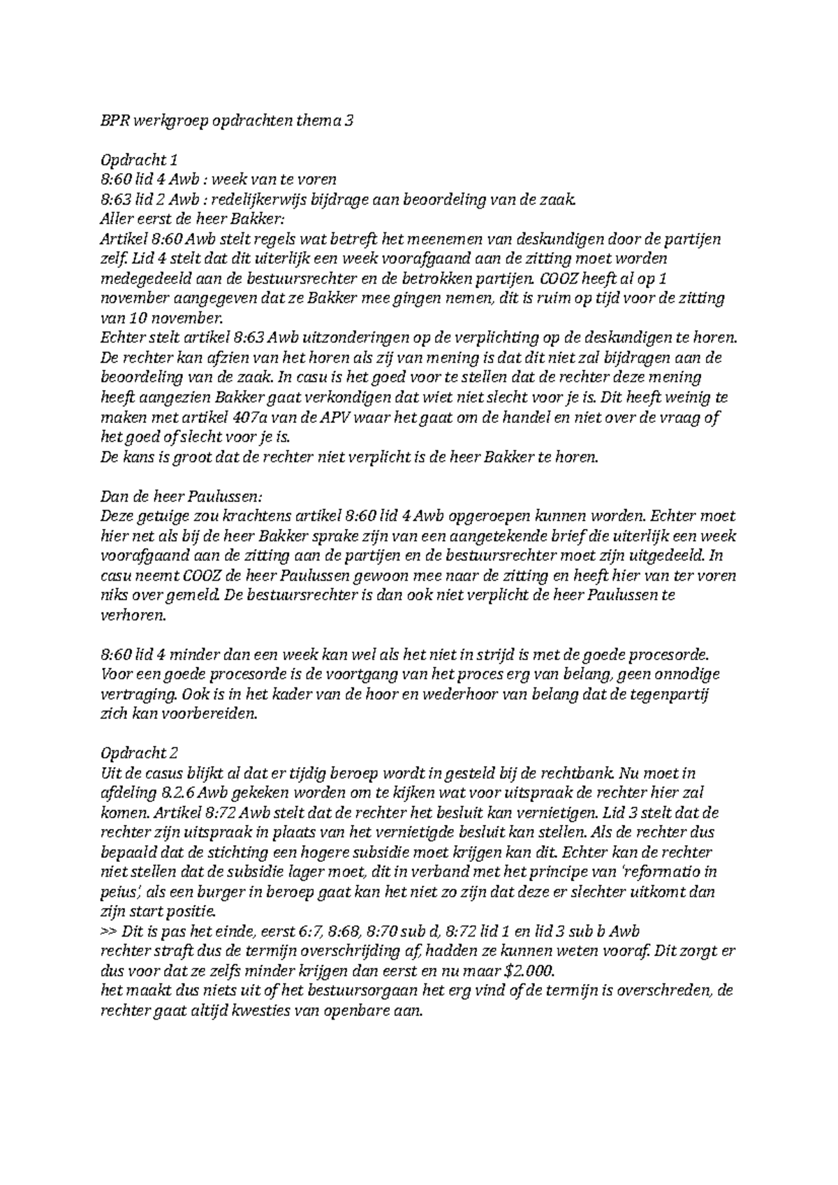 Werkgroep Uitwerkingen Thema 3 Bpr Werkgroep Opdrachten Thema 3