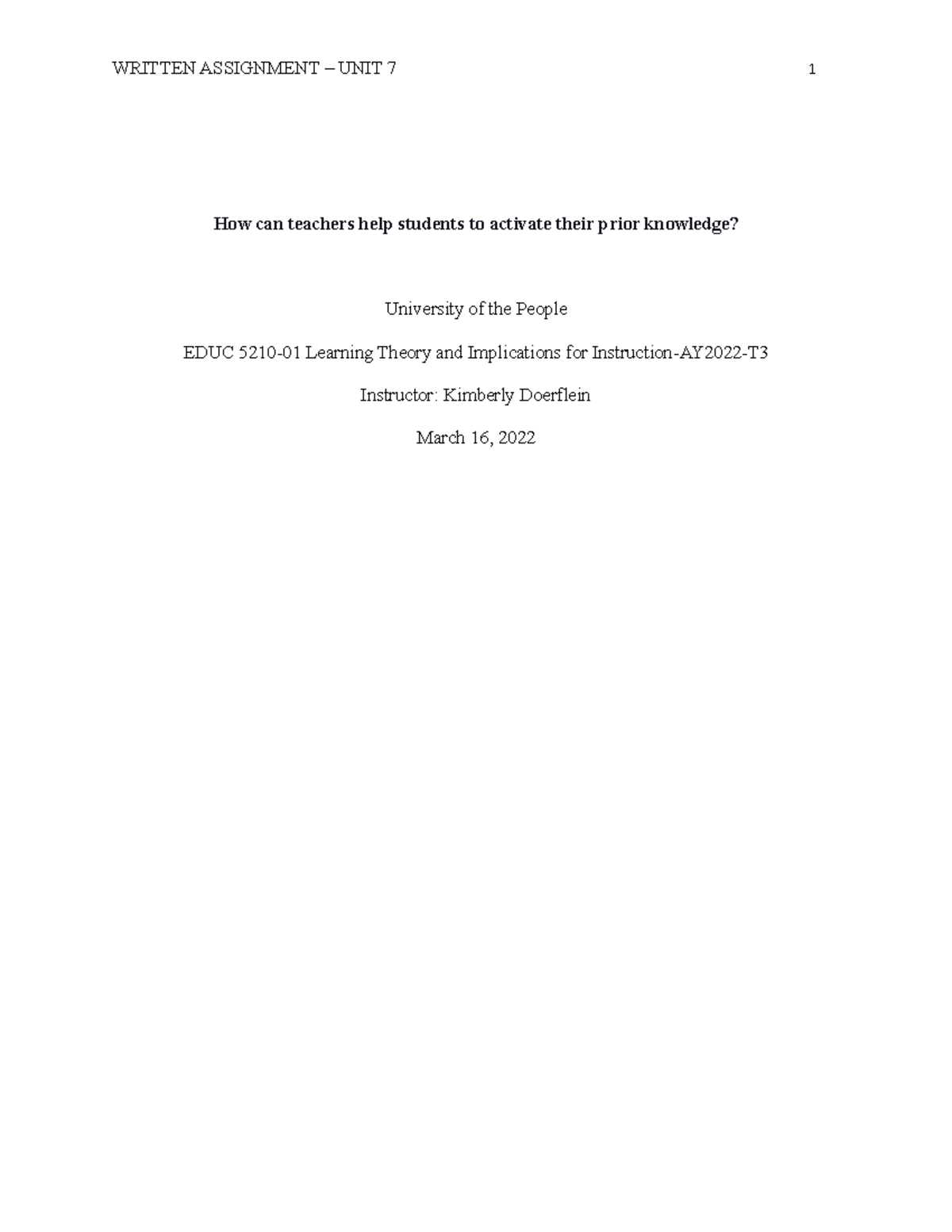 Written assignment UNIT 7 - How can teachers help students to activate their prior knowledge ...