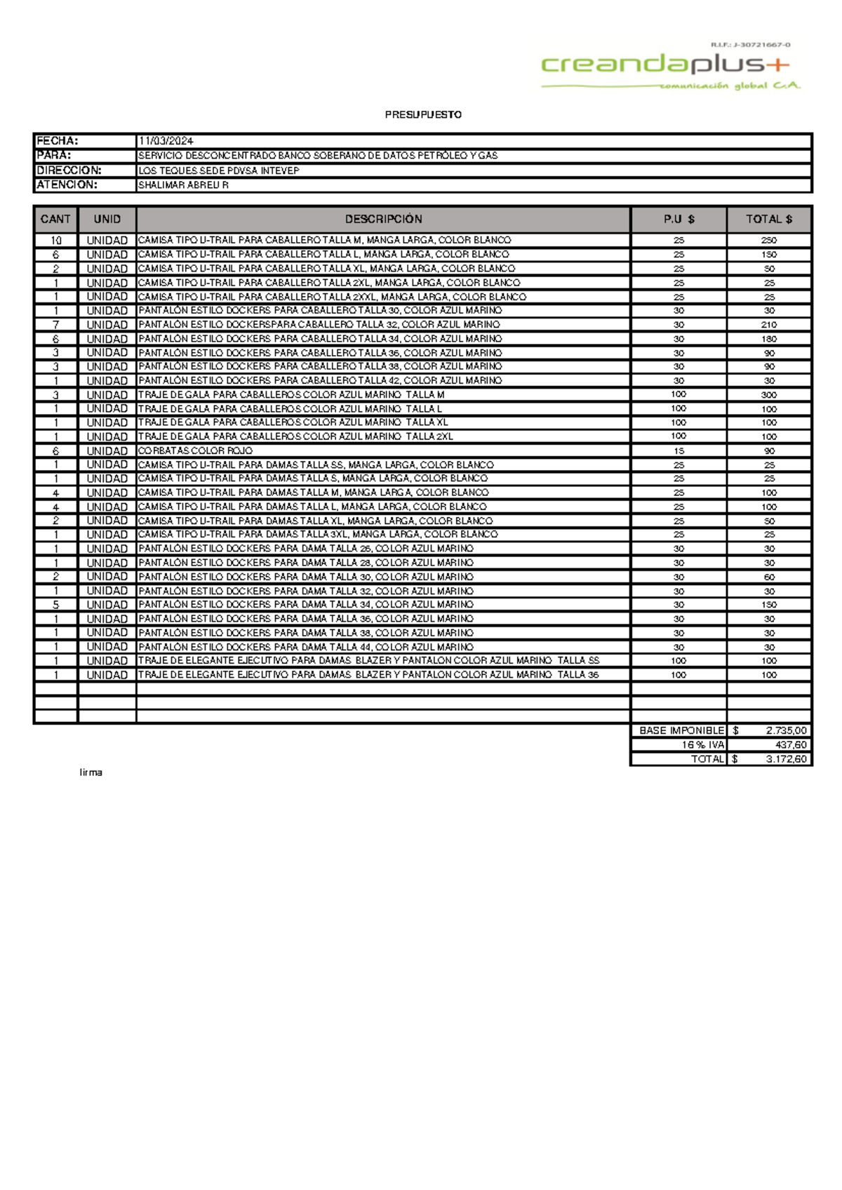 Presupuesto Uniforme Creanda - BASE IMPONIBLE $ 2, firma DIRECCIÓN: LOS ...