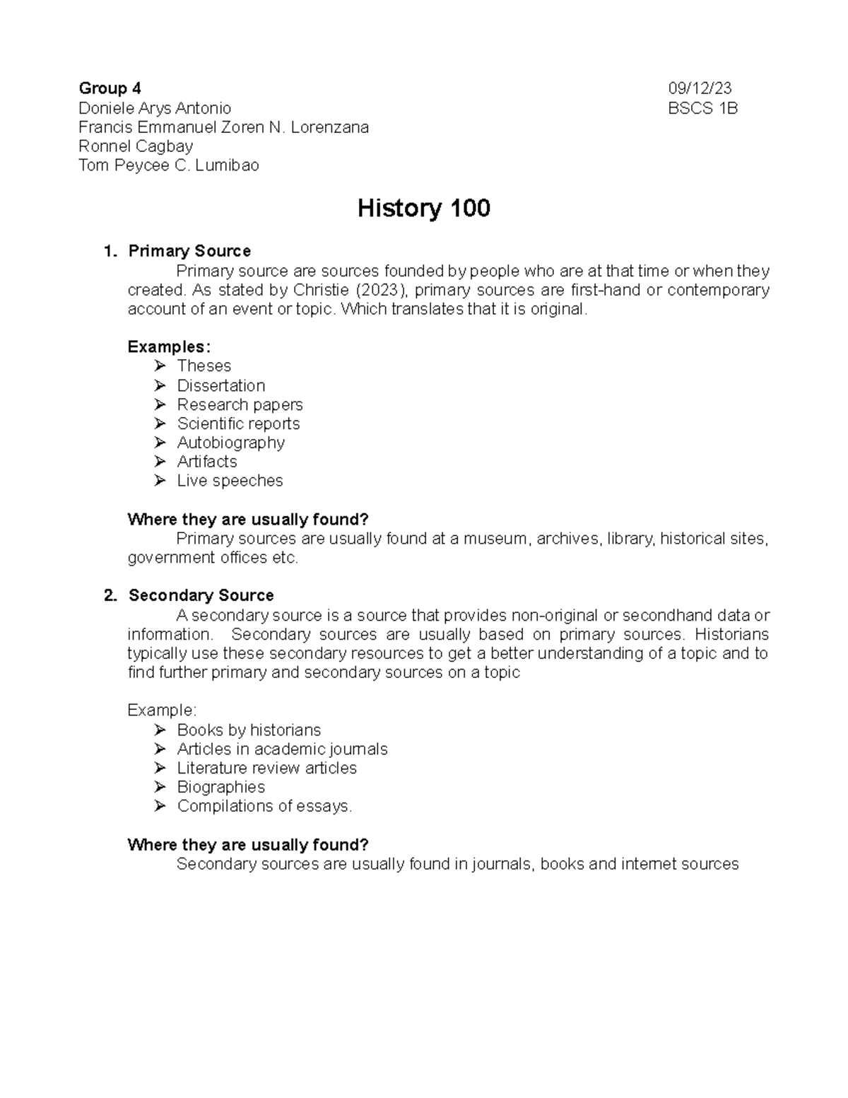 Hist-100 - I dont know - Group 4 09/12/ Doniele Arys Antonio BSCS 1B ...