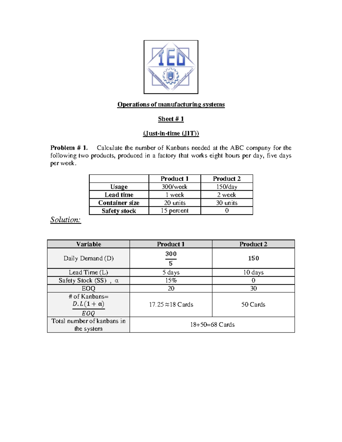 JIT Problems and Solutions - Operations of manufacturing systems Sheet ...