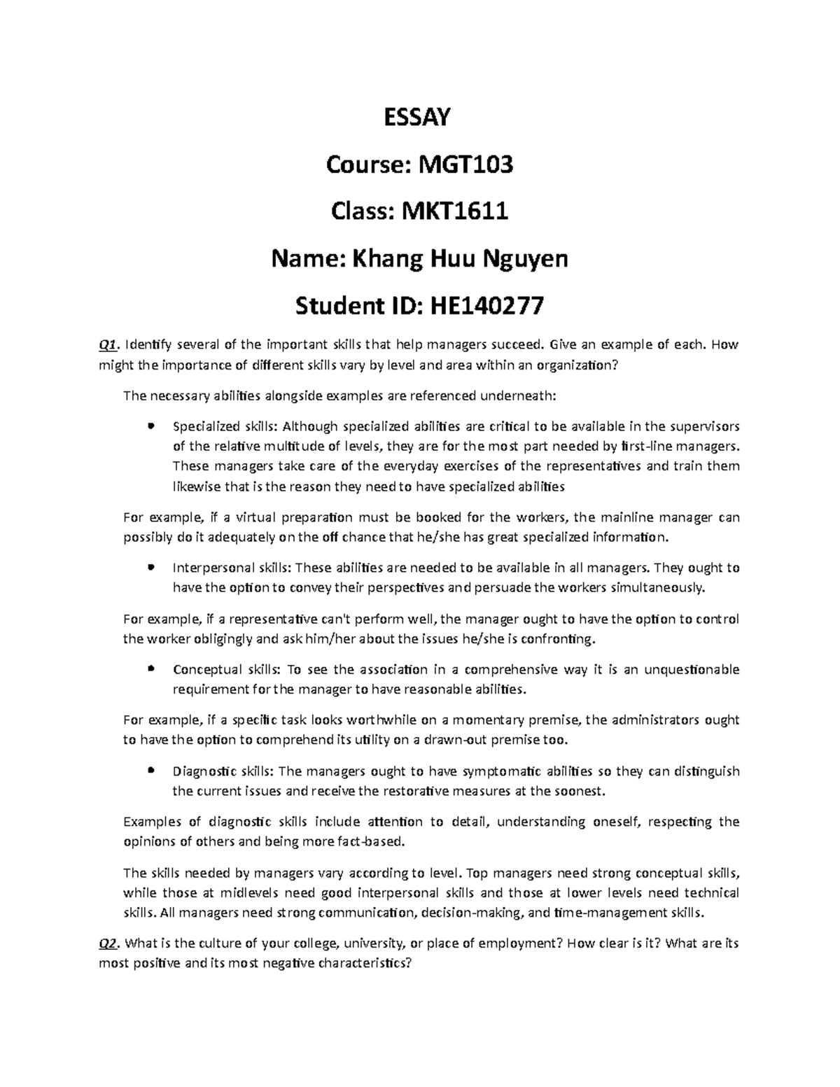 Khang Huu Nguyen-HE140277-Essay MGT 103 - ESSAY Course: MGT Class: MKT ...
