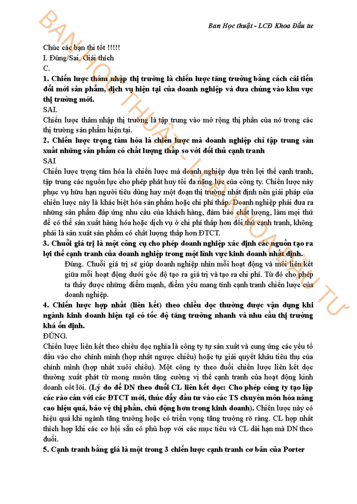 Câu hỏi đúng sai QTCL - Tài liệu ôn thi QTCL cuối kì NEU - Ban Học thuật - LCĐ Khoa Đầu tư Chúc ...