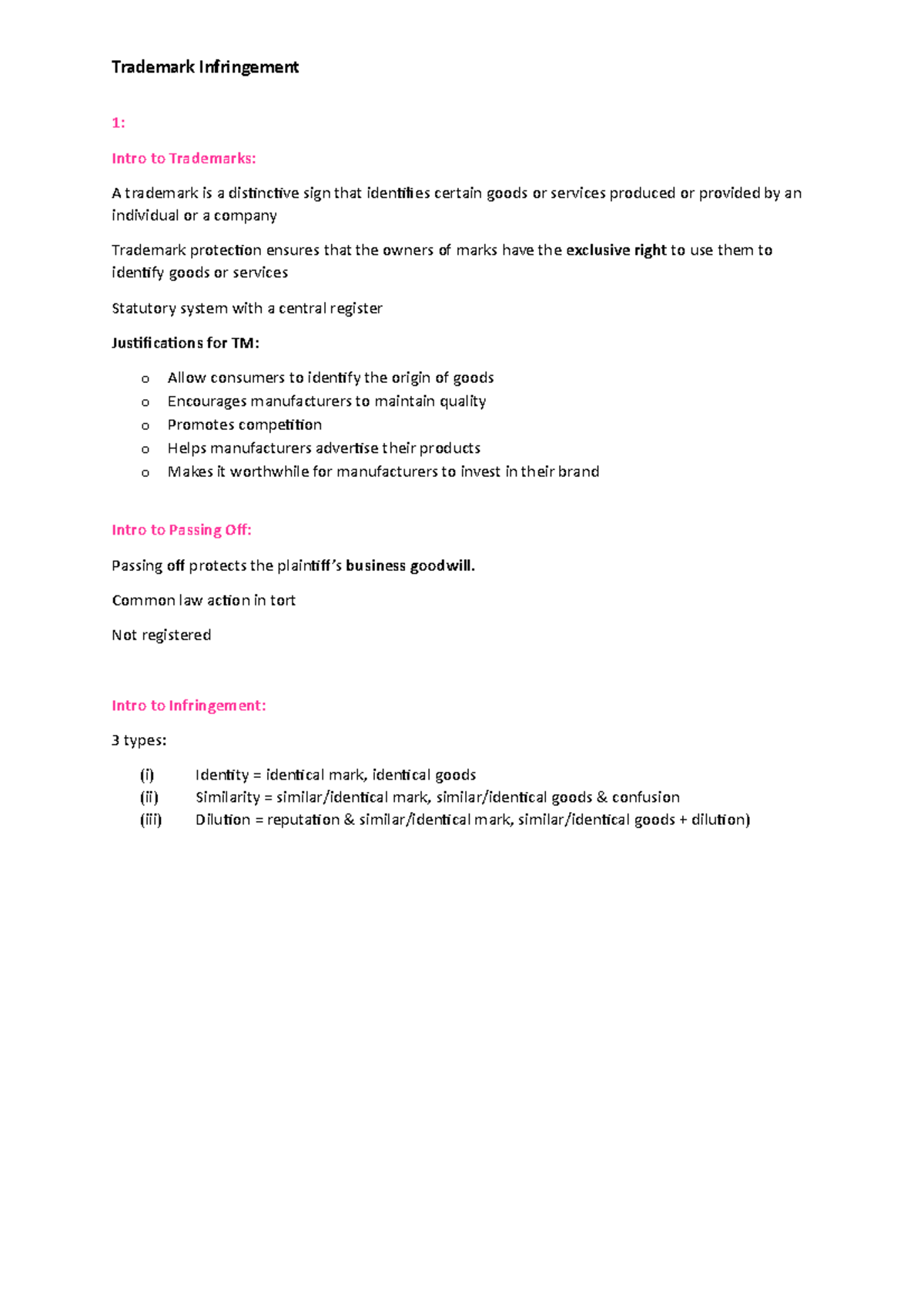 Trademark Infringement Notes - 1: Intro to Trademarks: A trademark is a ...