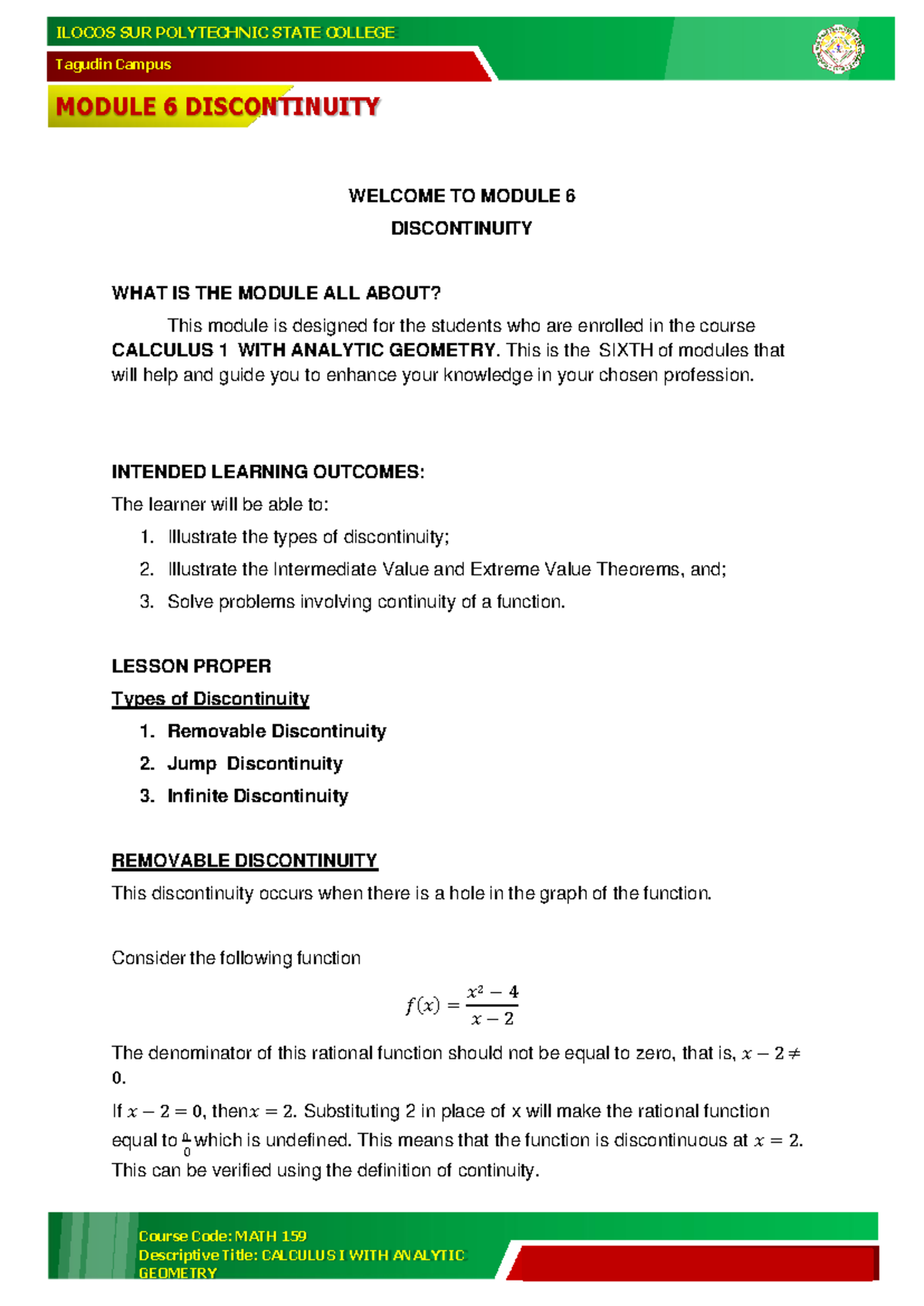 Module 6 CAL 1 Discontinuity - Tagudin Campus MODULE 6 DISCONTINUITY ...